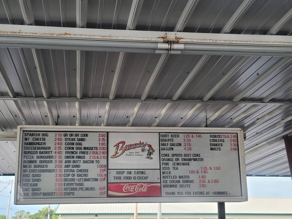 Menu at Bummie's Drive-In restaurant, Bluffton
