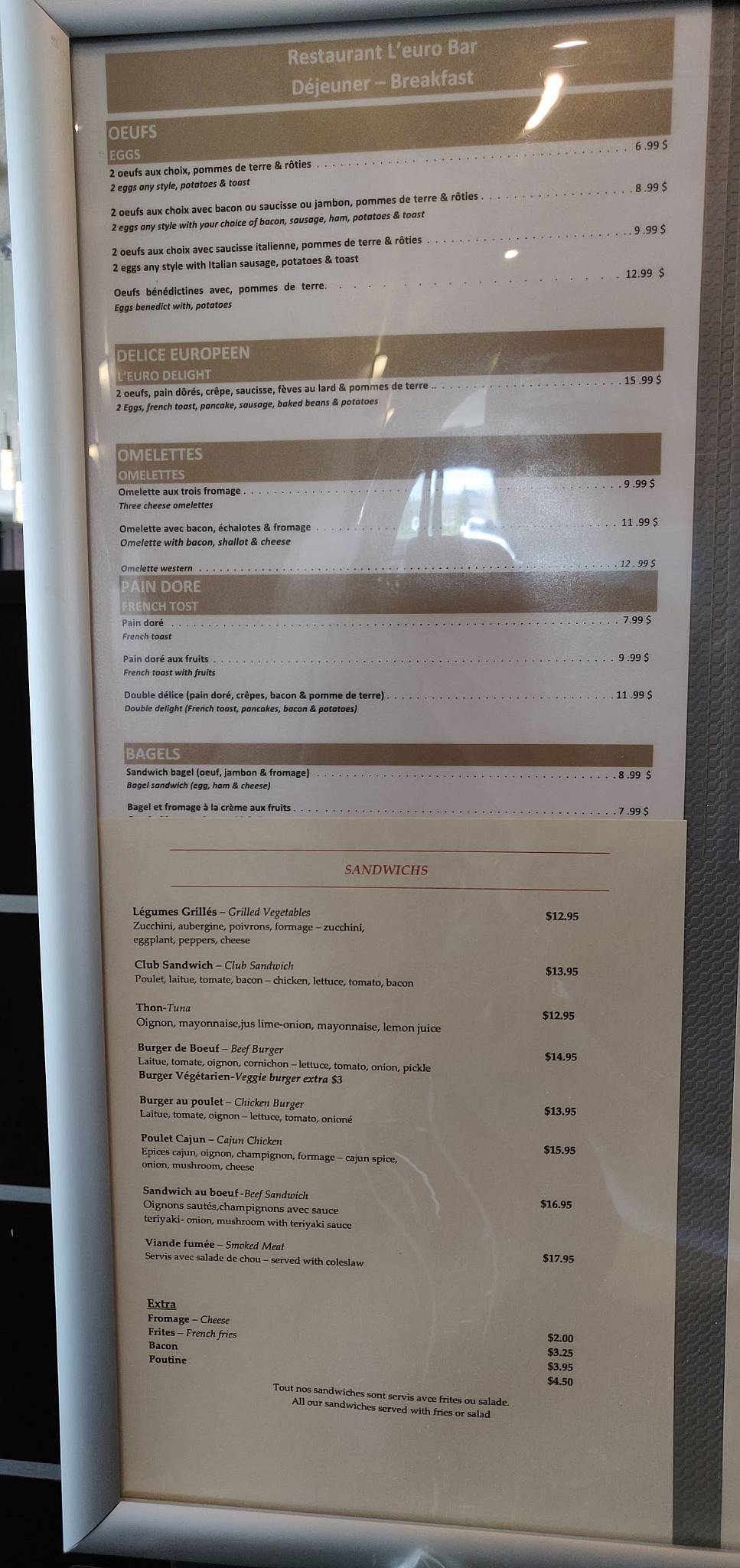 Menu at Café D'Euro, Montréal
