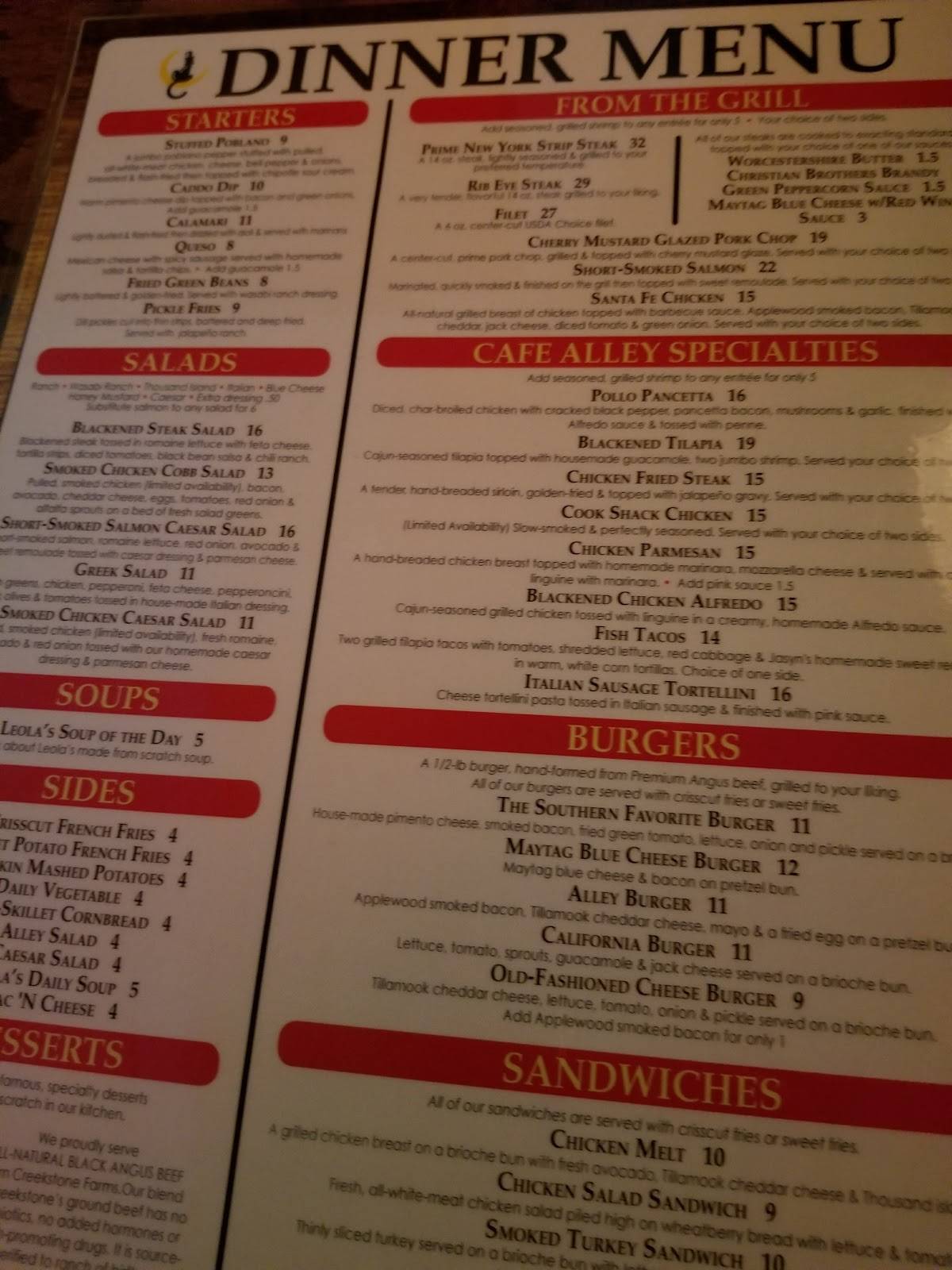 Menu at Cafe Alley, Ardmore, 126 A St NE