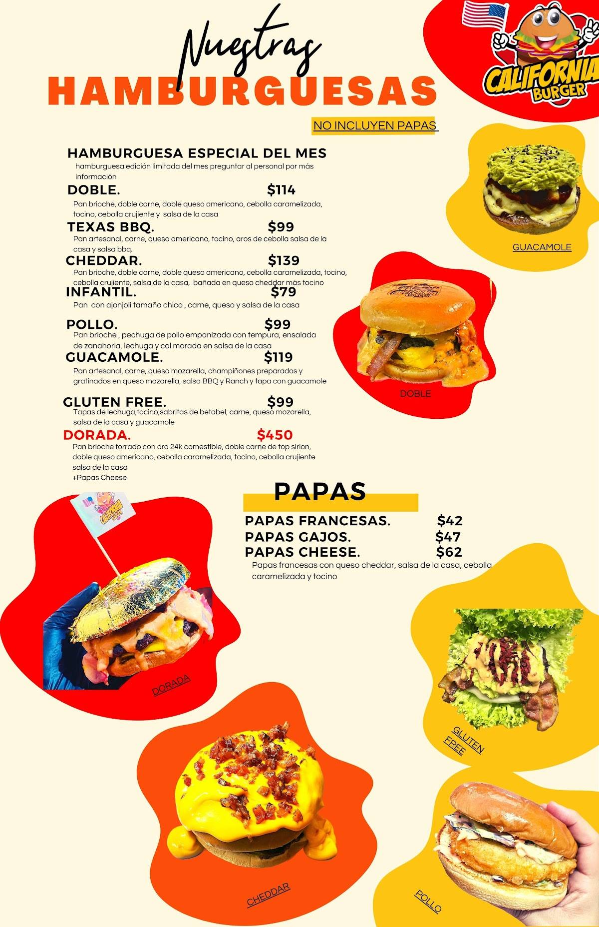 Carta del restaurante California burger, Guamúchil
