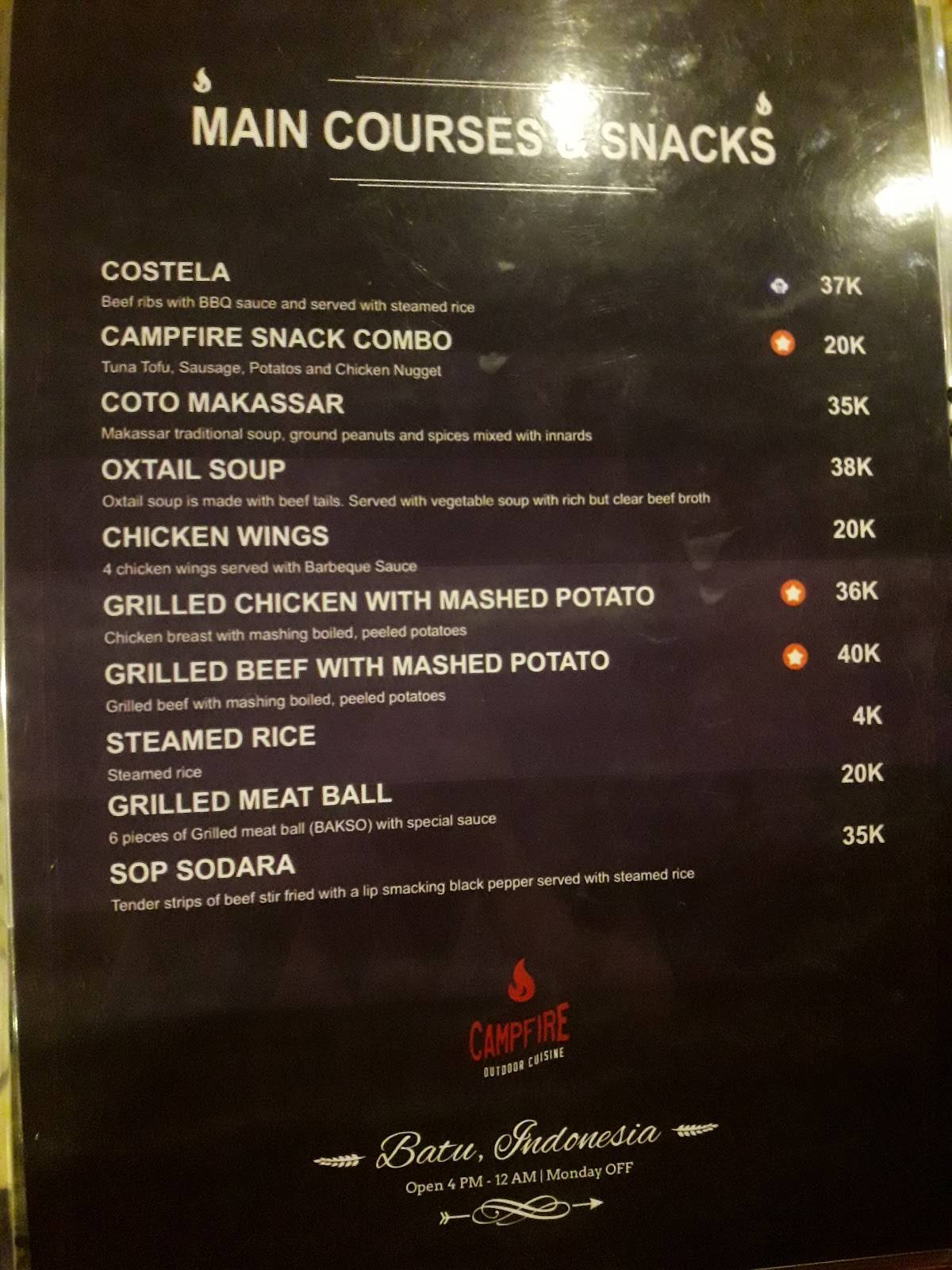 Menu at Campfire Outdoor Cuisine Batu restaurant, Batu