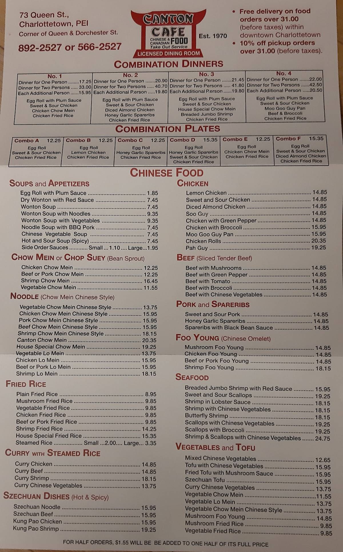 Menu at Canton Cafe, Charlottetown