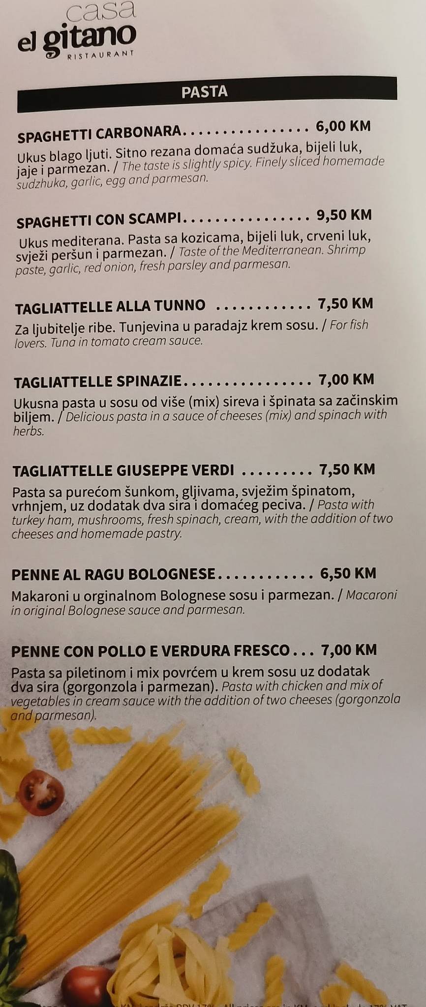 Menu at Casa El Gitano restaurant, Sarajevo