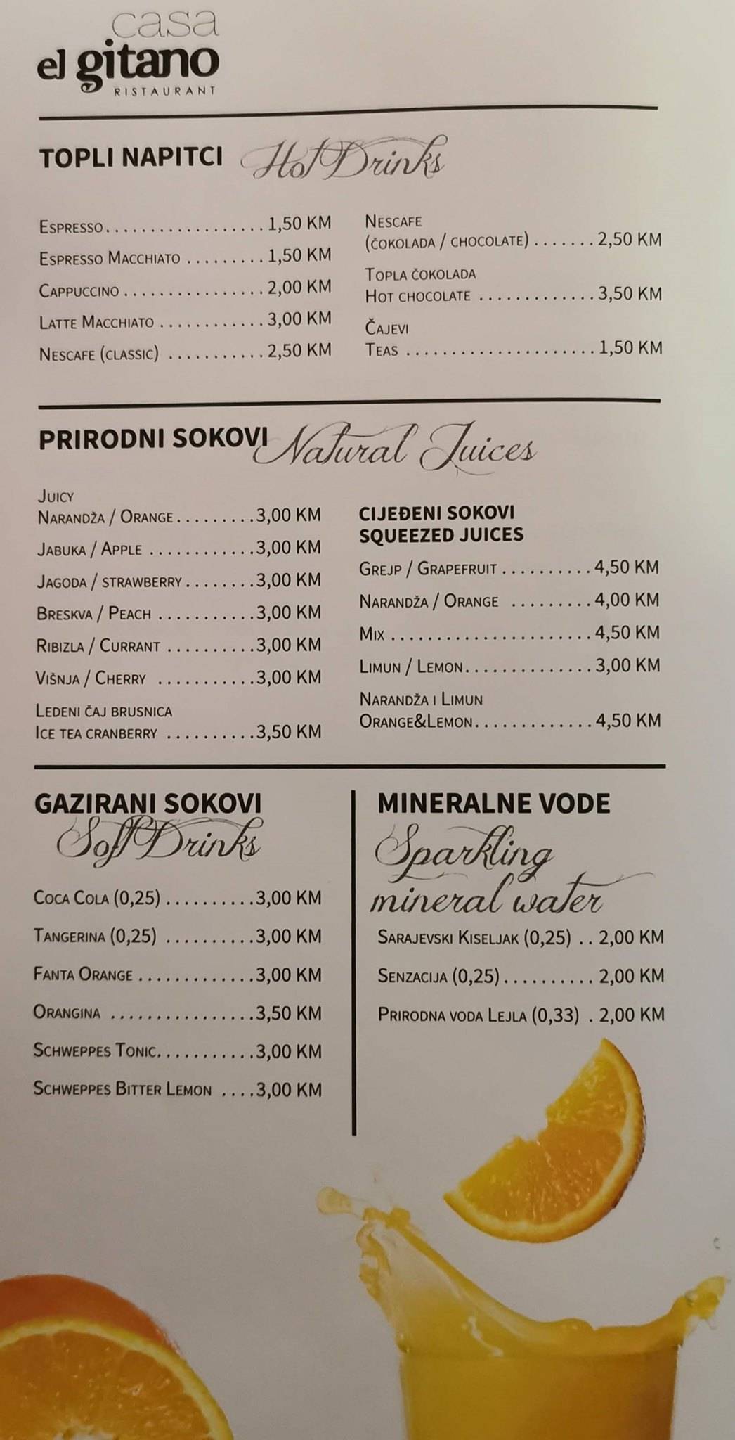 Menu at Casa El Gitano restaurant, Sarajevo