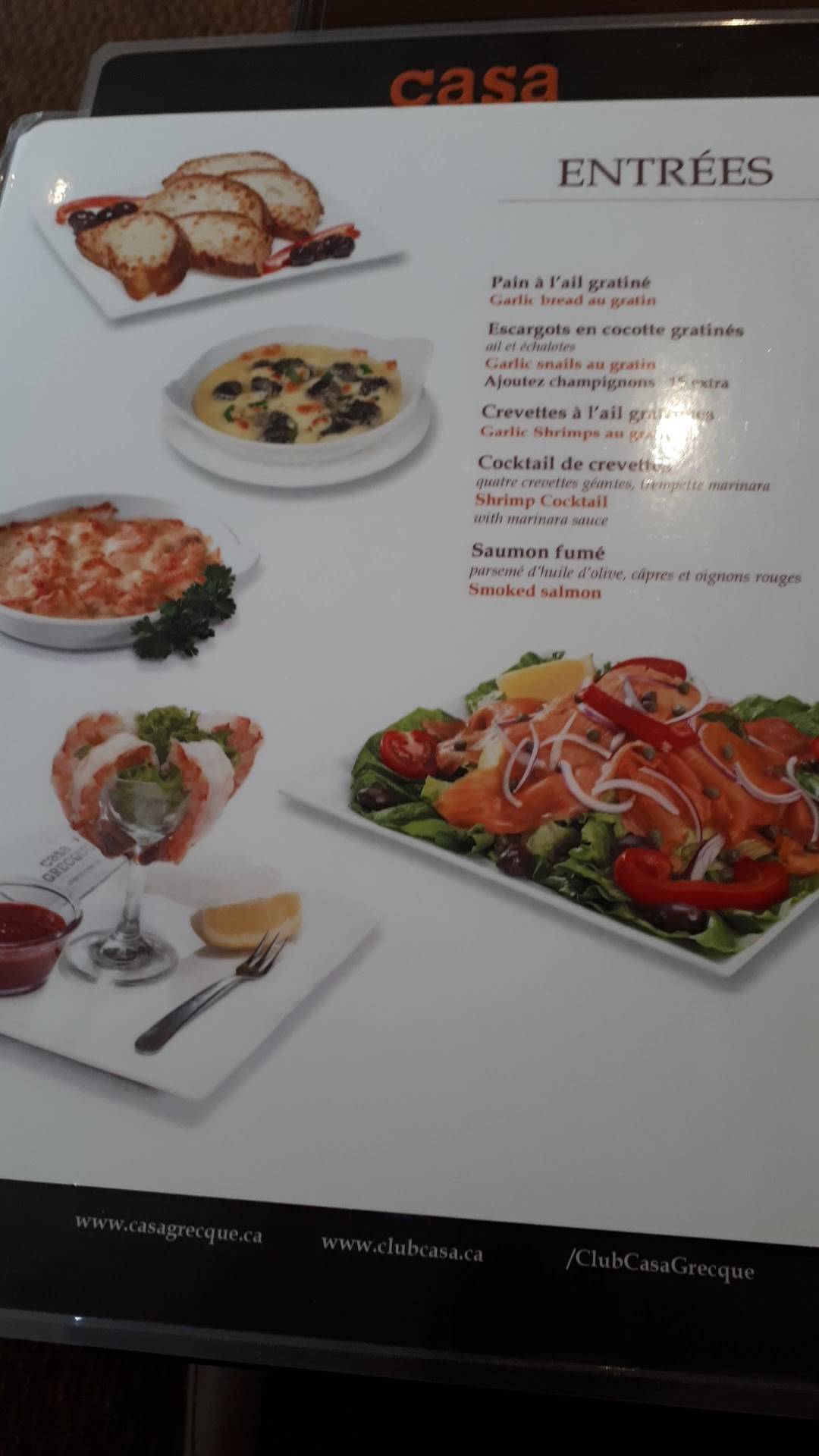 Menu au Casa Grecque restaurant, Saint-Jean-sur-Richelieu
