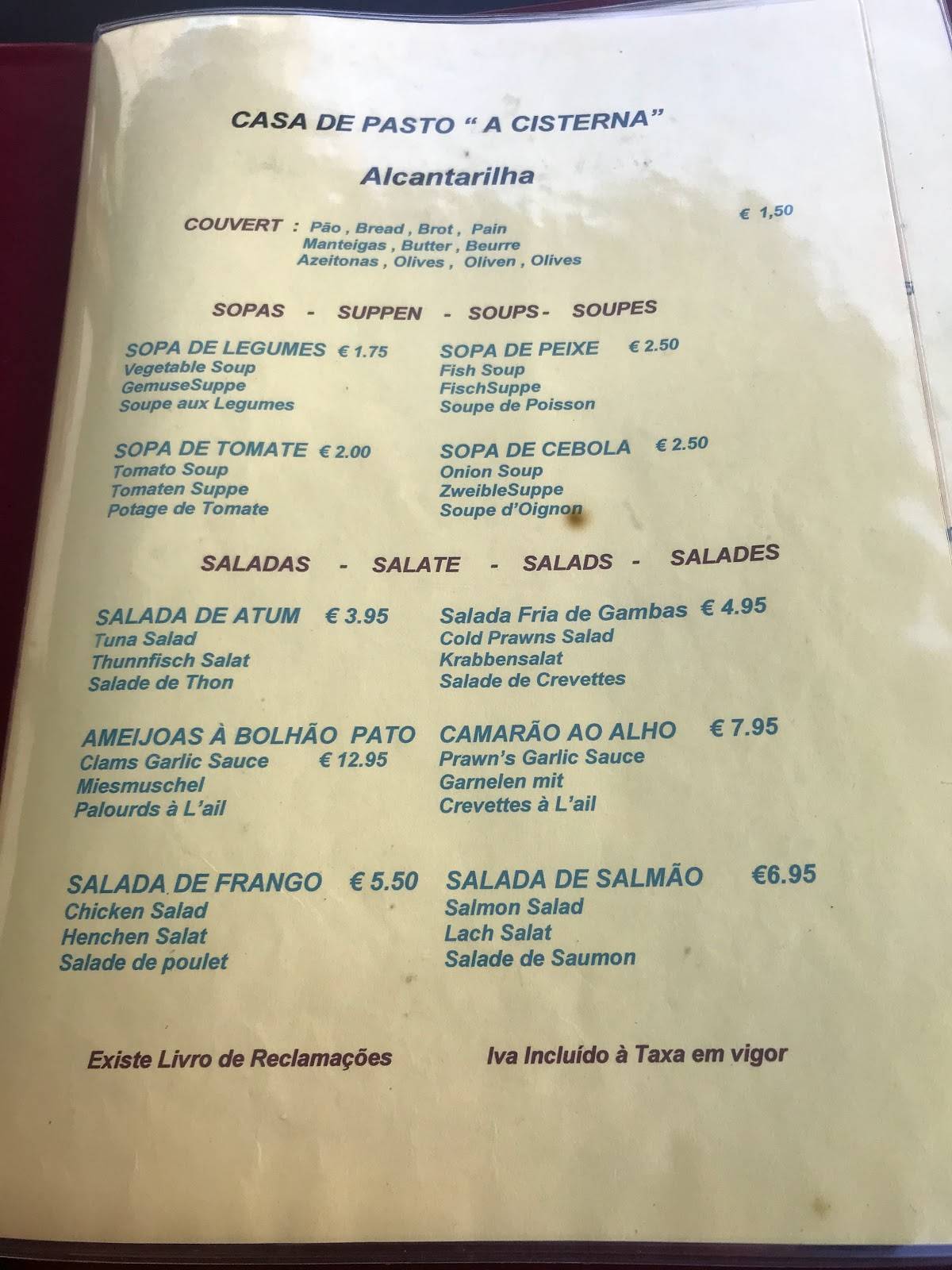 Menu at Casa de Pasto A Cisterna restaurant, Alcantarilha