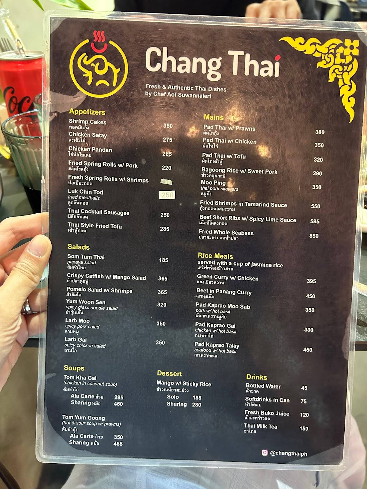 Menu at Chang Thai restaurant, Makati
