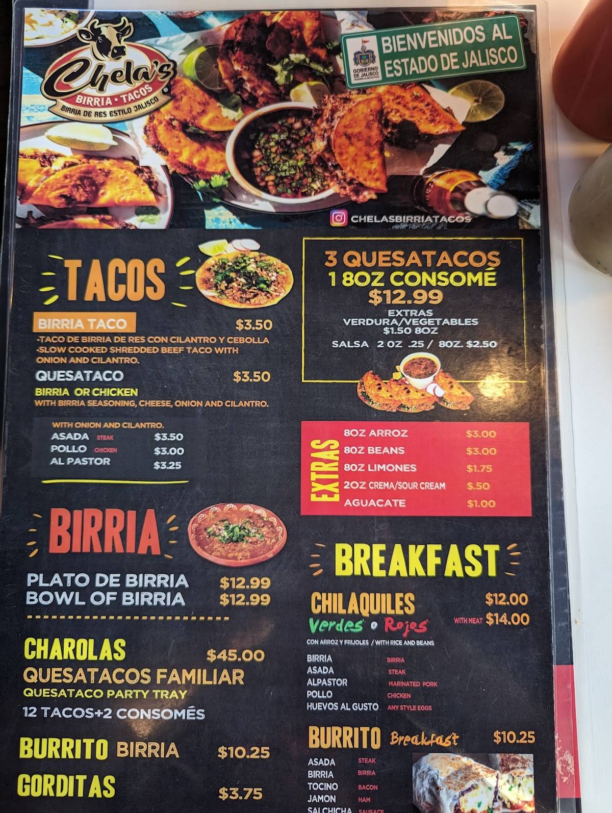Menu at Chela's Birria Tacos restaurant, Whiting