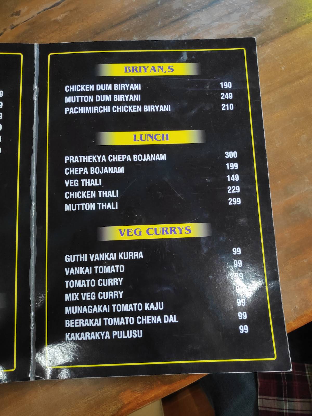 Menu at Aha Chepala Pulusu, Hyderabad