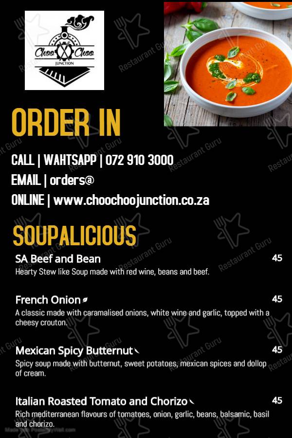 Menu at Choo Choo Junction restaurant, Randburg