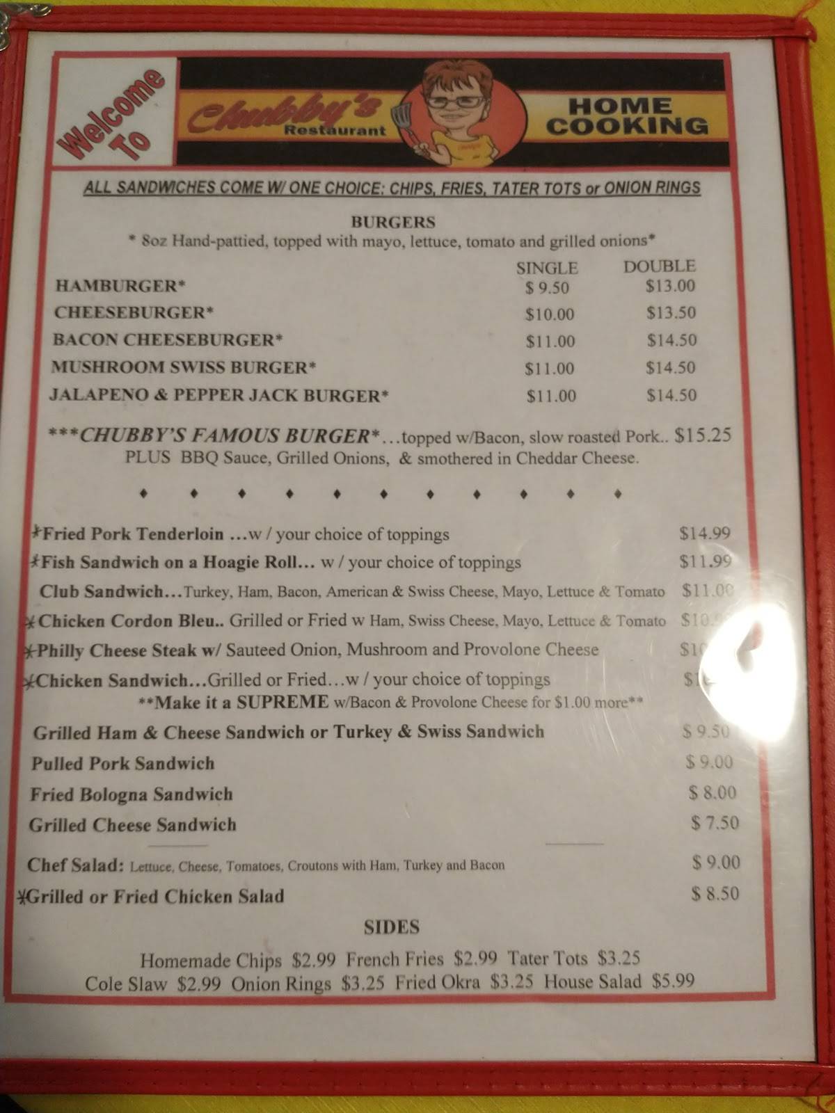 Menu at Chubby's Restaurant, Sevierville