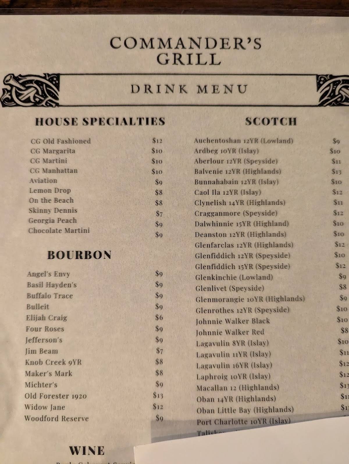 Menu at Commander's Grill restaurant, Boonville