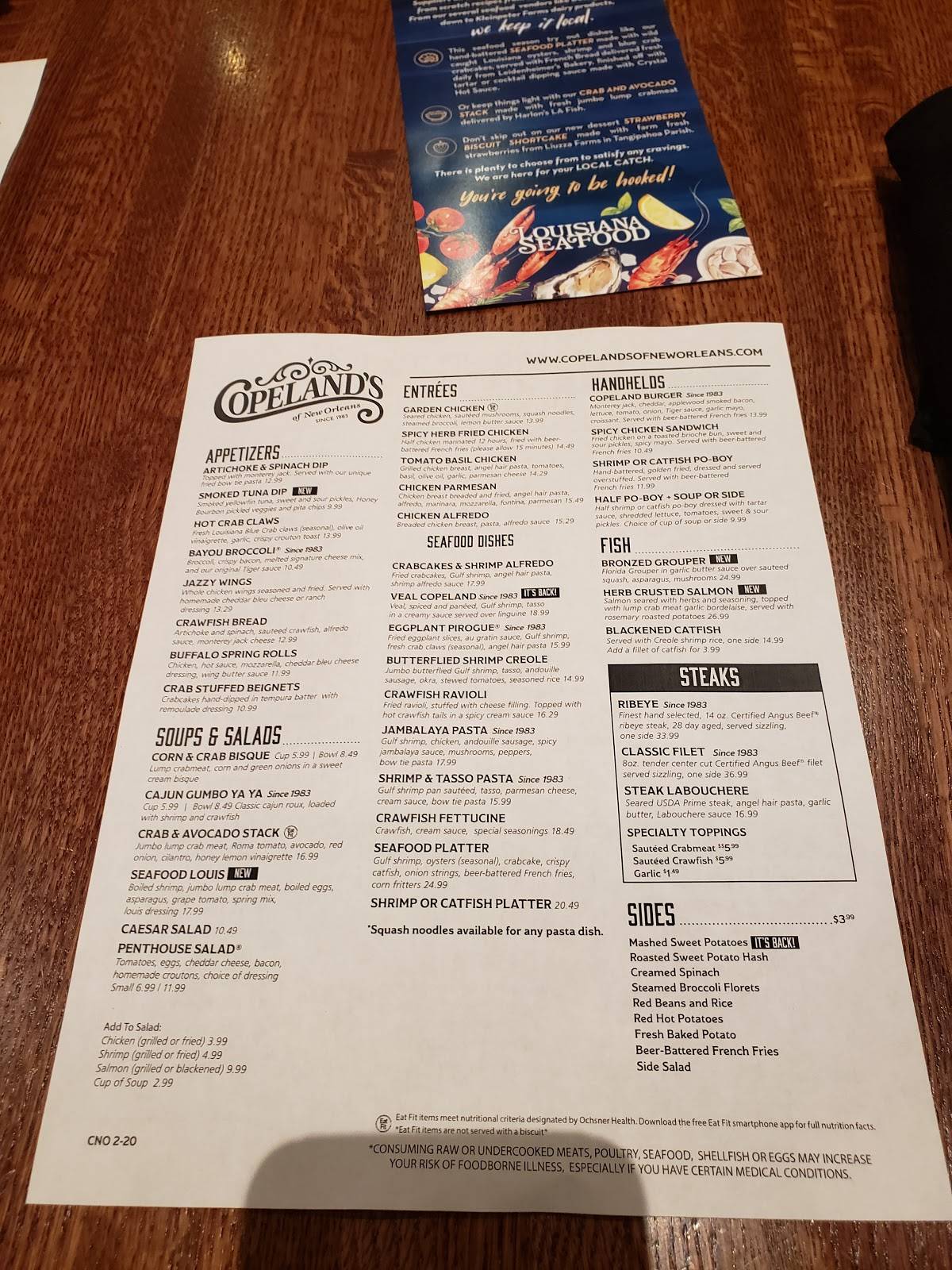 Menu at Copeland's of New Orleans steakhouse, Slidell, Gause Blvd