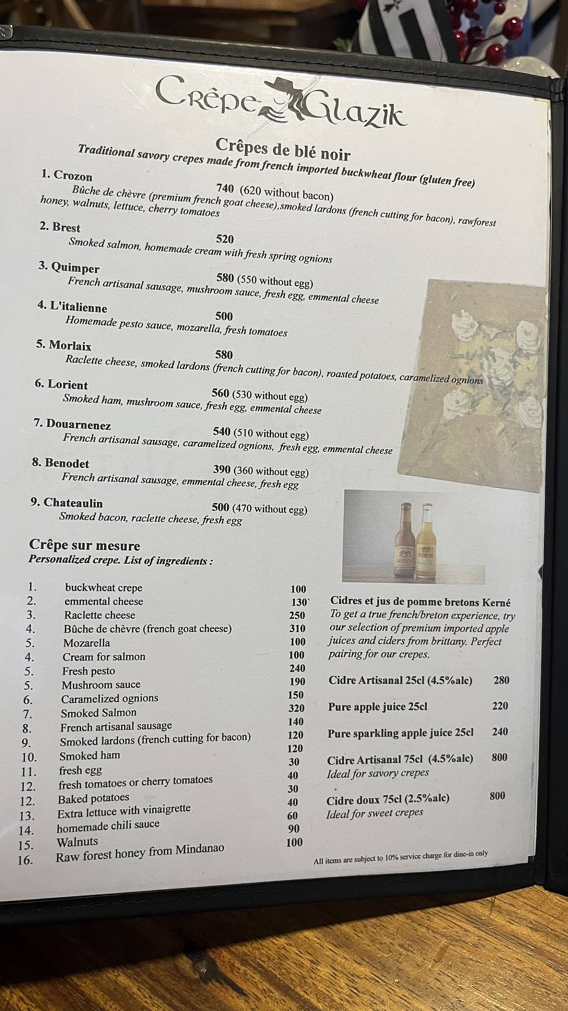 Menu at Crêpe Glazik restaurant, Makati