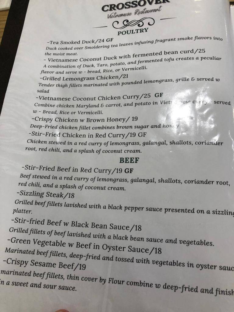 Menu at Crossover Vietnamese Restaurant, Torrensville