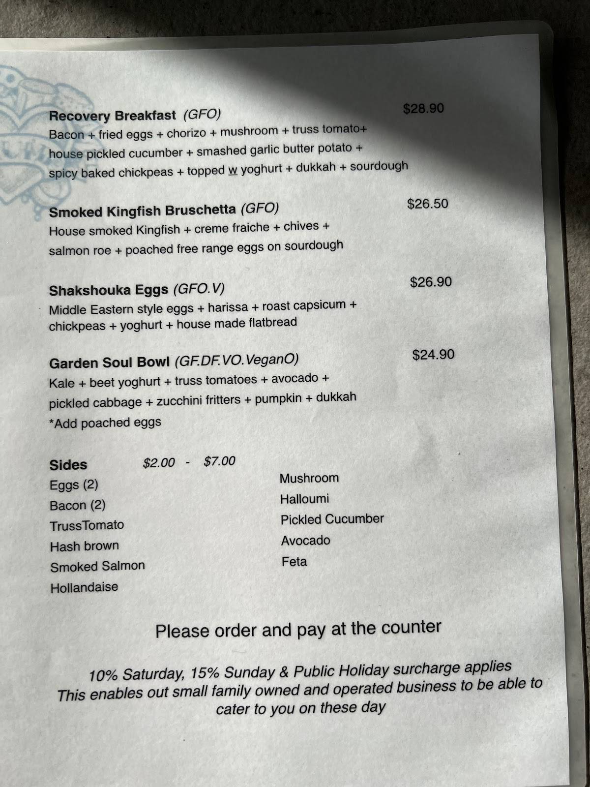 Menu at Crumb Cafe, Batehaven