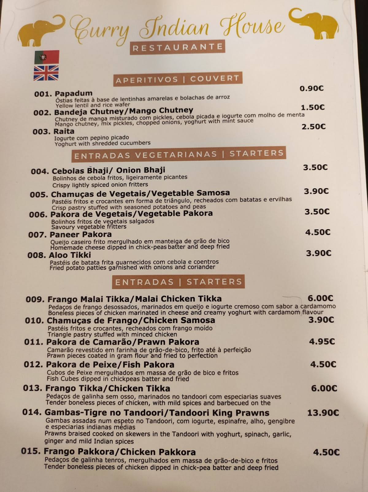 Menu em Curry Indian House restaurante, Tomar