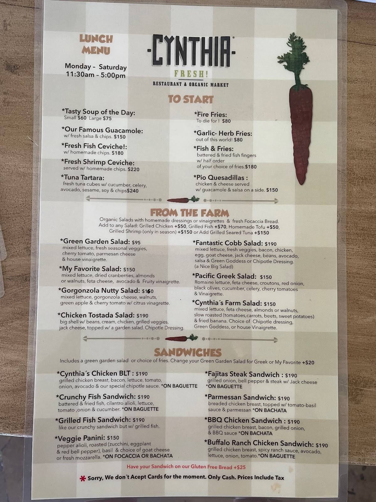 Menu at Cynthia Fresh restaurant, San José del Cabo