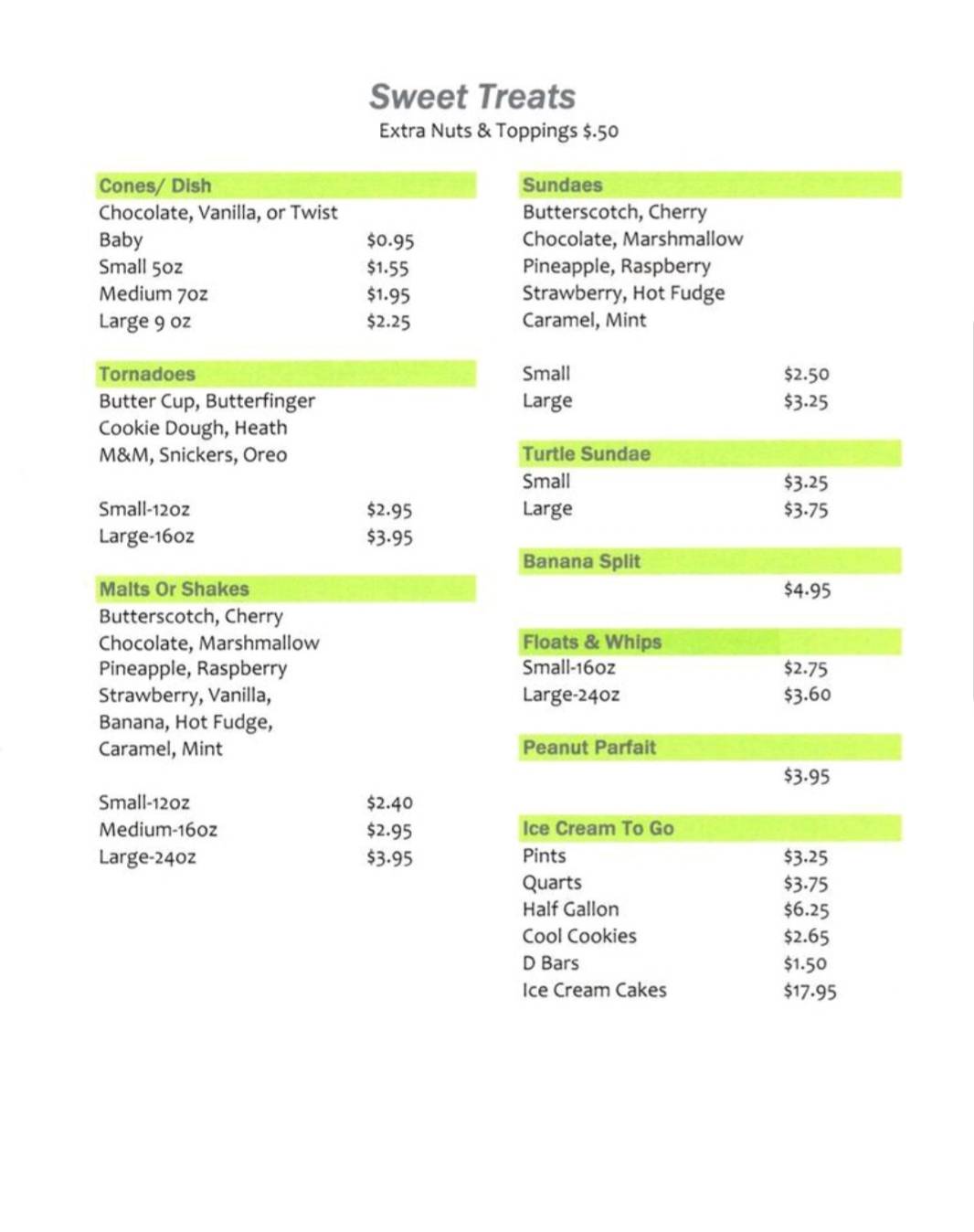 Menu at Dairy Sweet restaurant, Dunlap