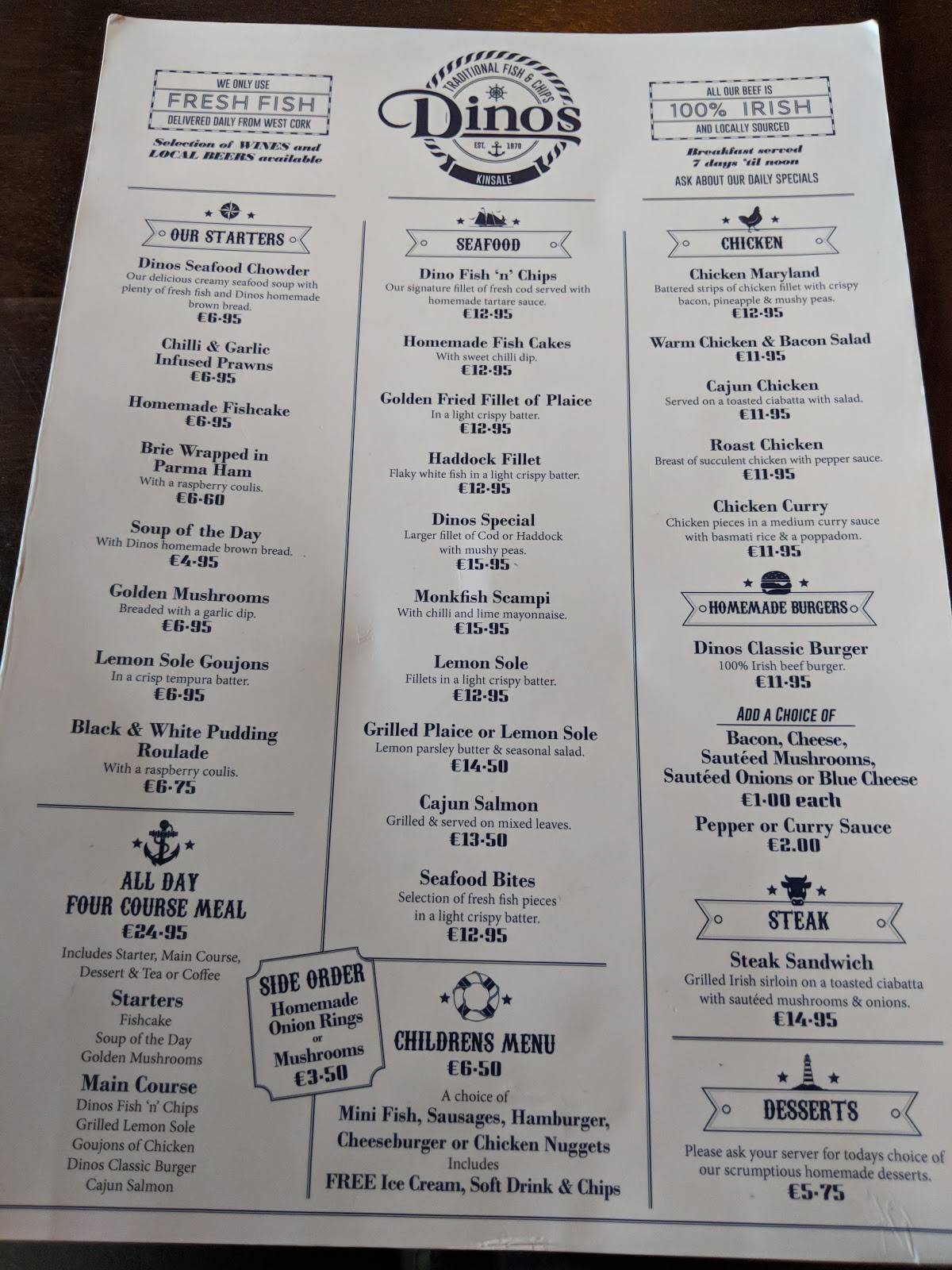 Menu at Dinos restaurant, Kinsale