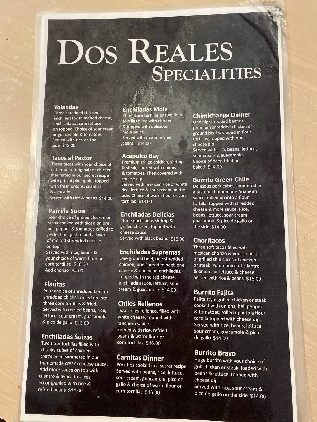 Menu at Dos Reales Mexican Restaurant, Overland Park