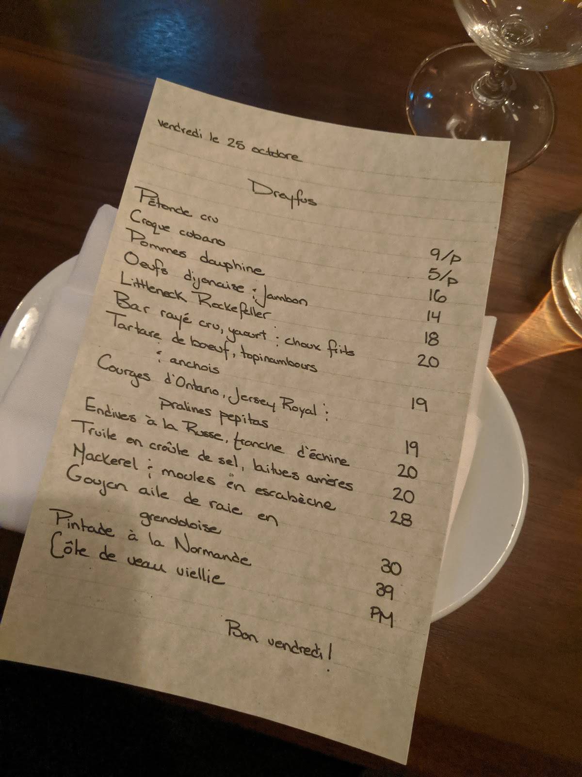 Menu at Dreyfus restaurant, Toronto, 96 Harbord St