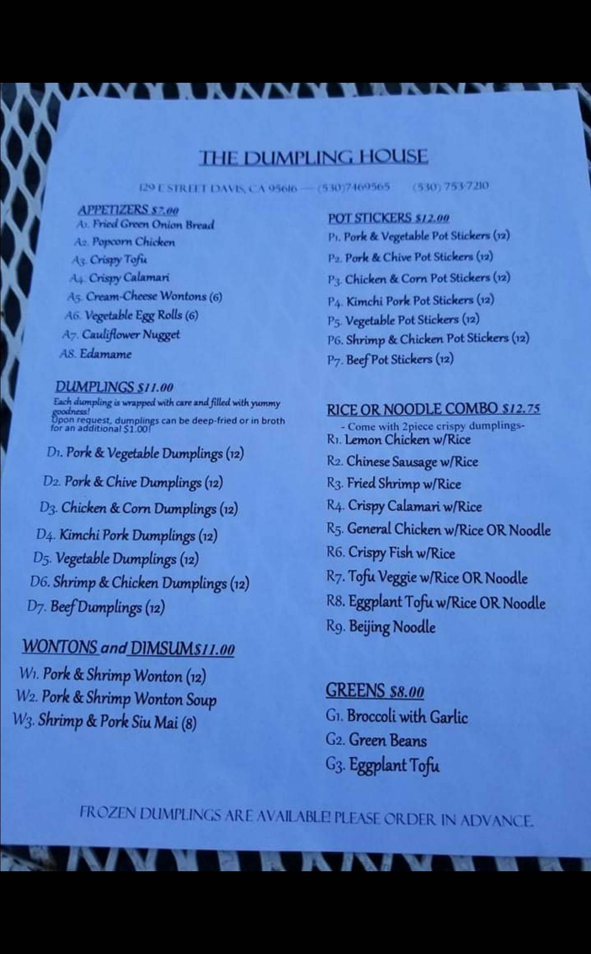 Menu at Dumpling House restaurant, Davis