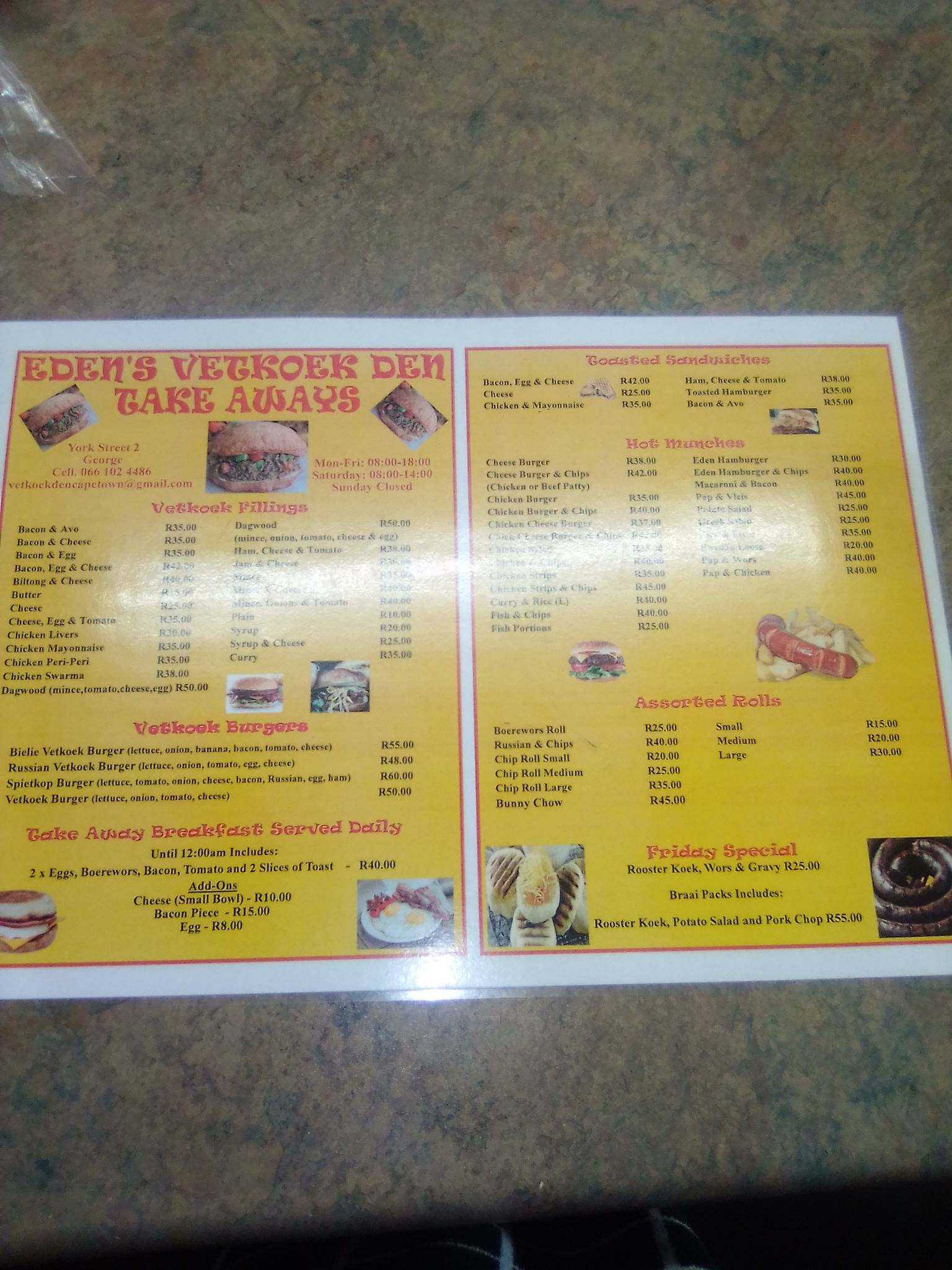 Menu at Eden's Vetkoek Den & Take Aways restaurant, George