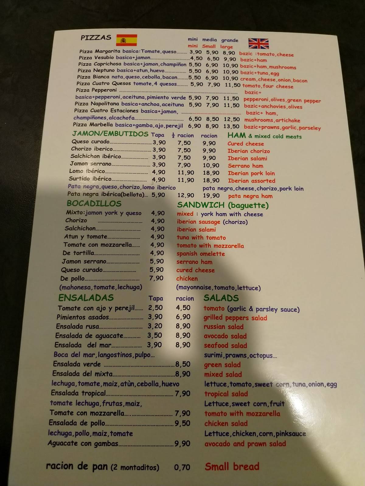 Carta de Restaurante Marbella - El Bodegón - Tapas - comida casera ...