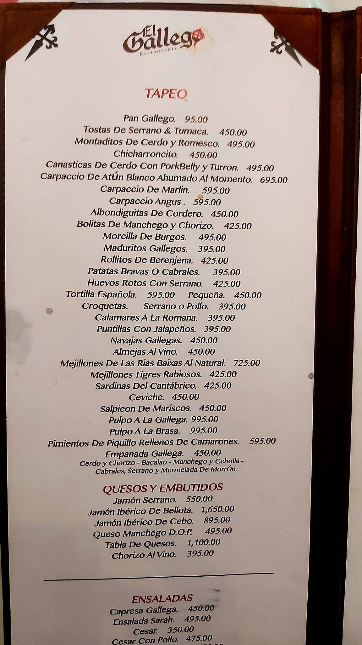 Menu at El Gallego restaurant, Santo Domingo, C. César Nicolás Penson 76