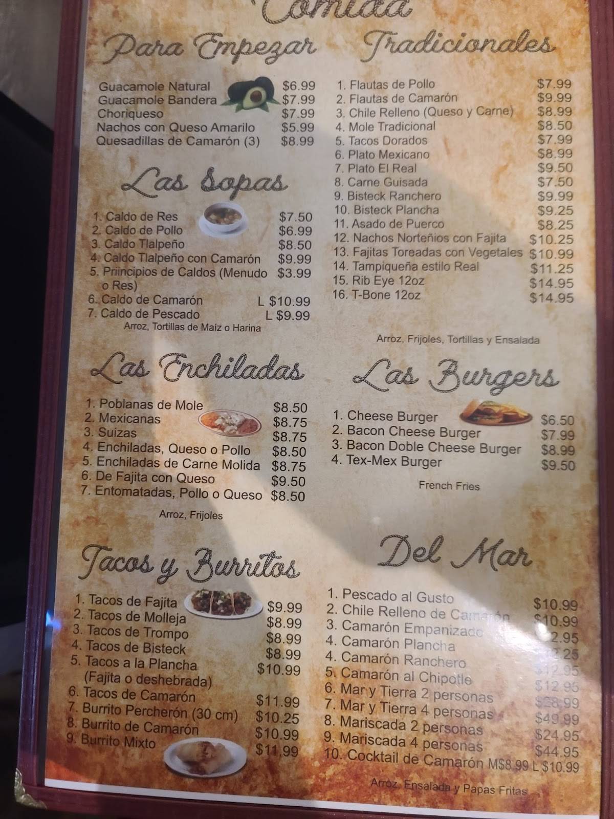 Menu at El Real 2 restaurant, La Joya