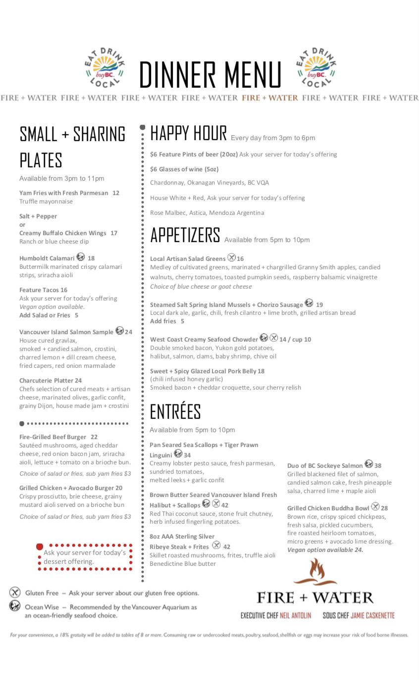 Menu at Fire + Water Restaurant, Victoria
