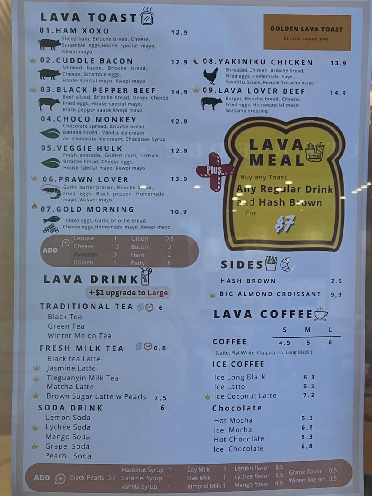 Menu at Golden Lava Toast restaurant, Kelvin Grove