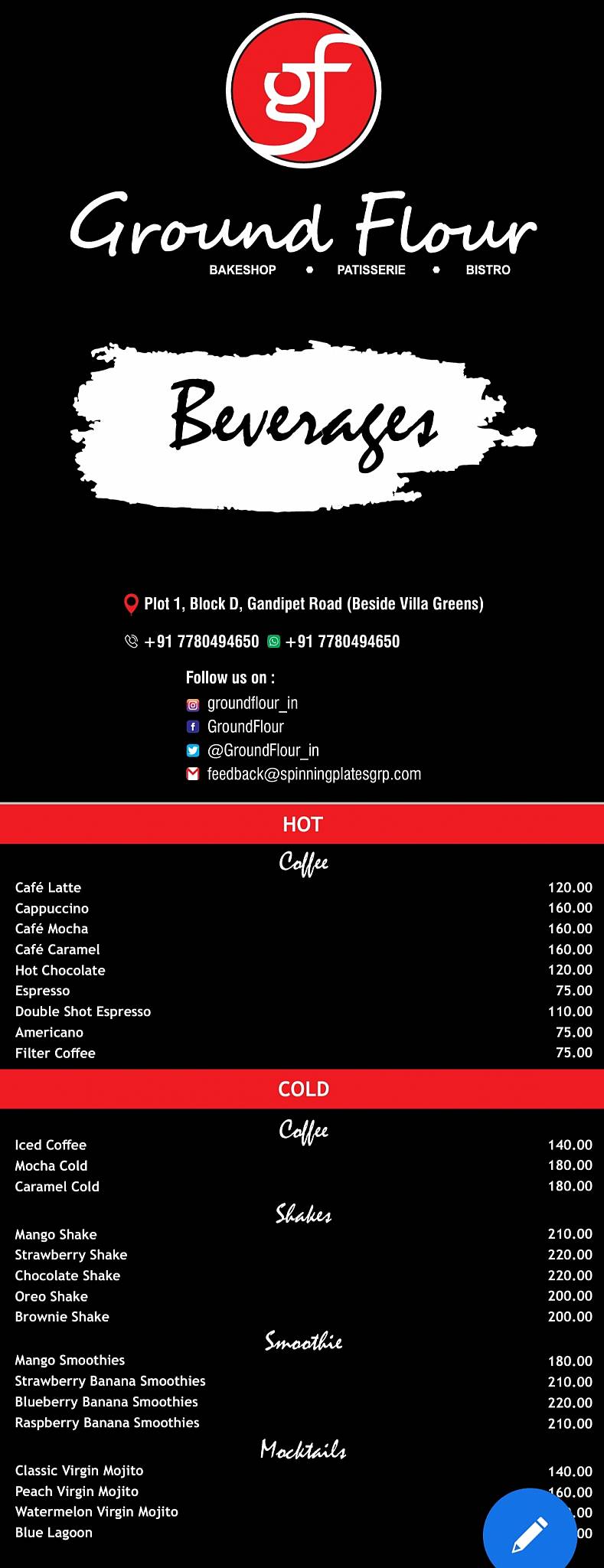 Menu at Ground Flour, Hyderabad