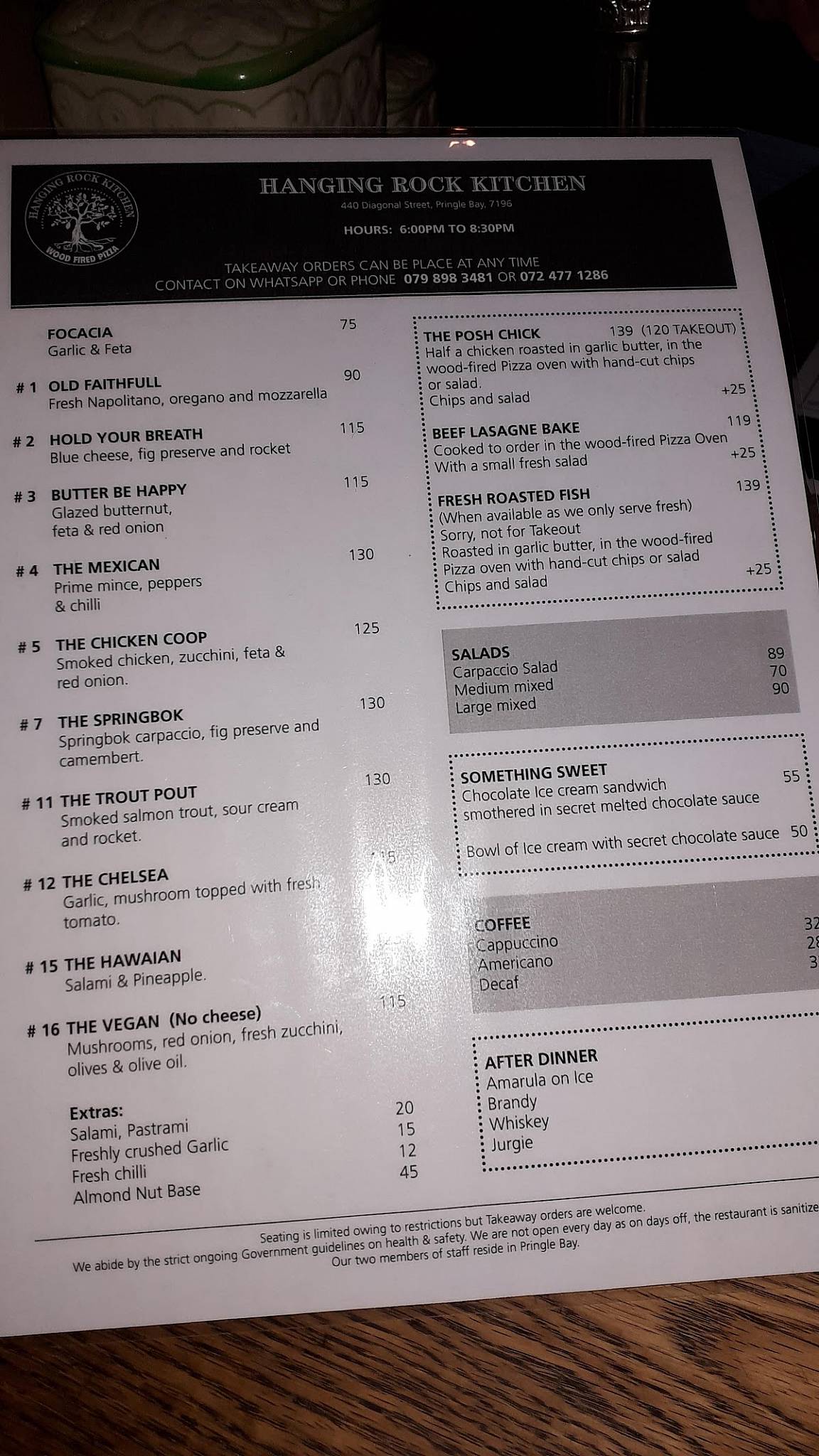 Menu at Hanging Rock Kitchen restaurant, Pringle Bay