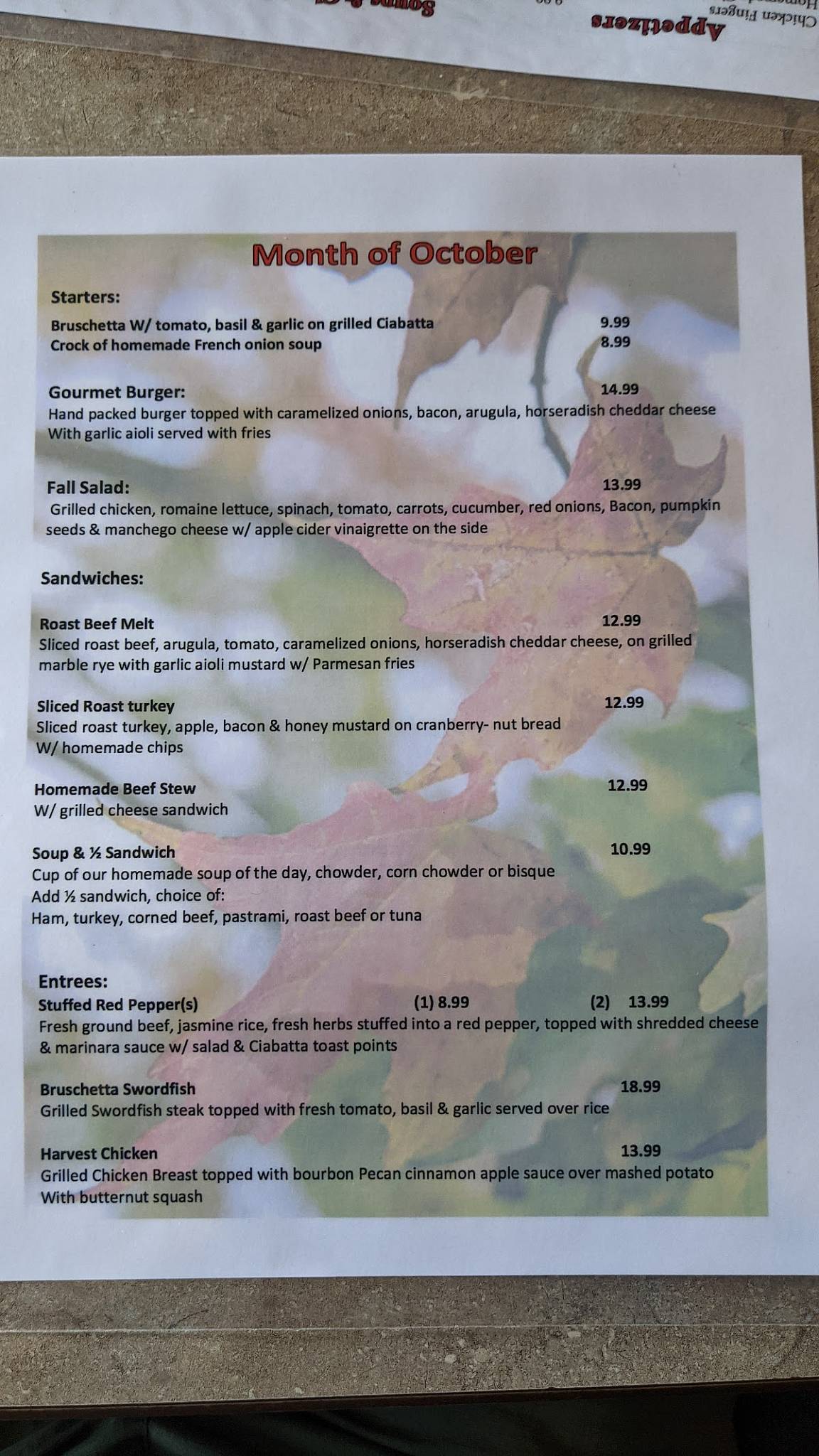 Menu at Harry's Restaurant, Westborough