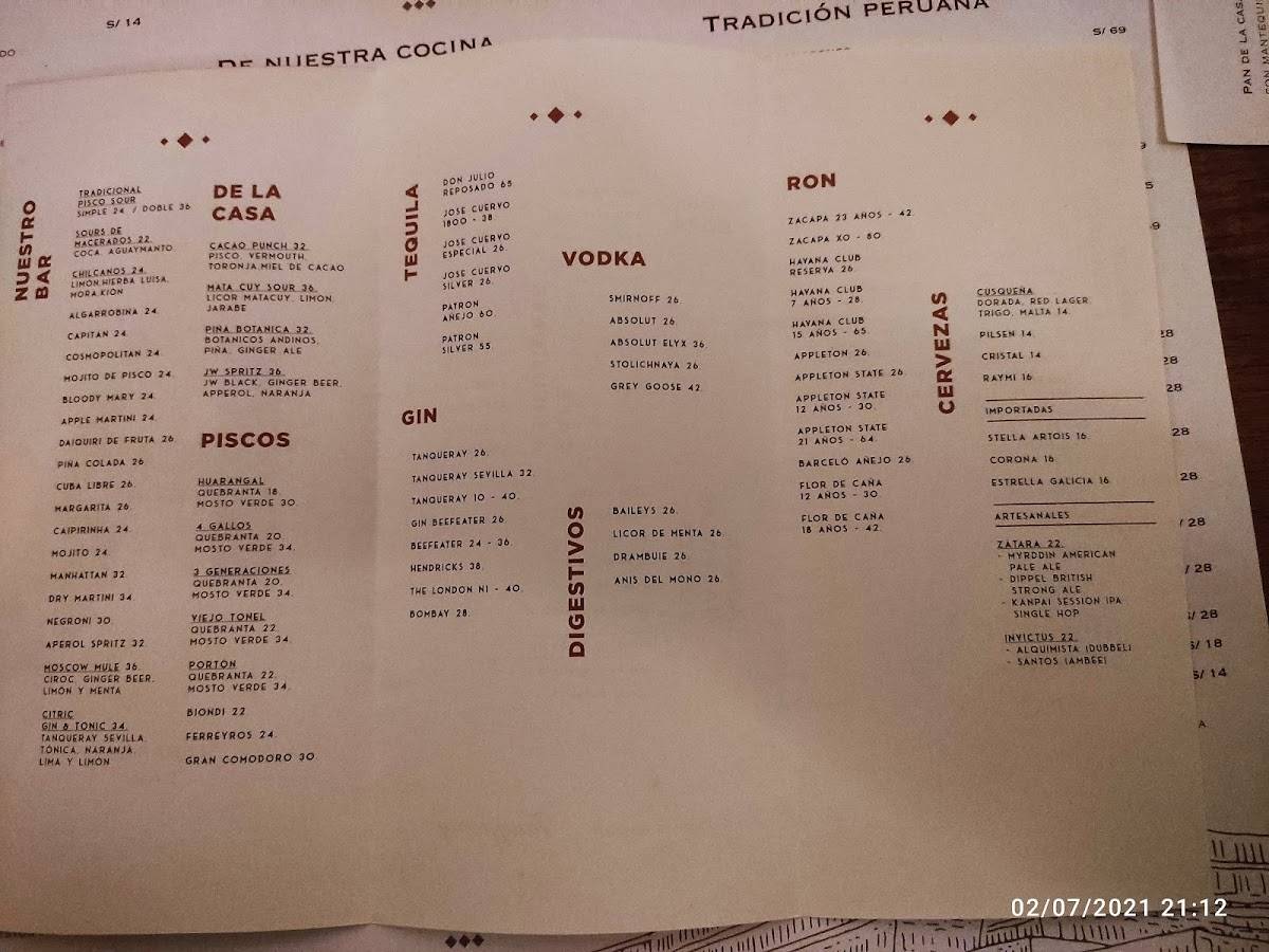 Menu at Restaurant Huaca Pucllana, Lima