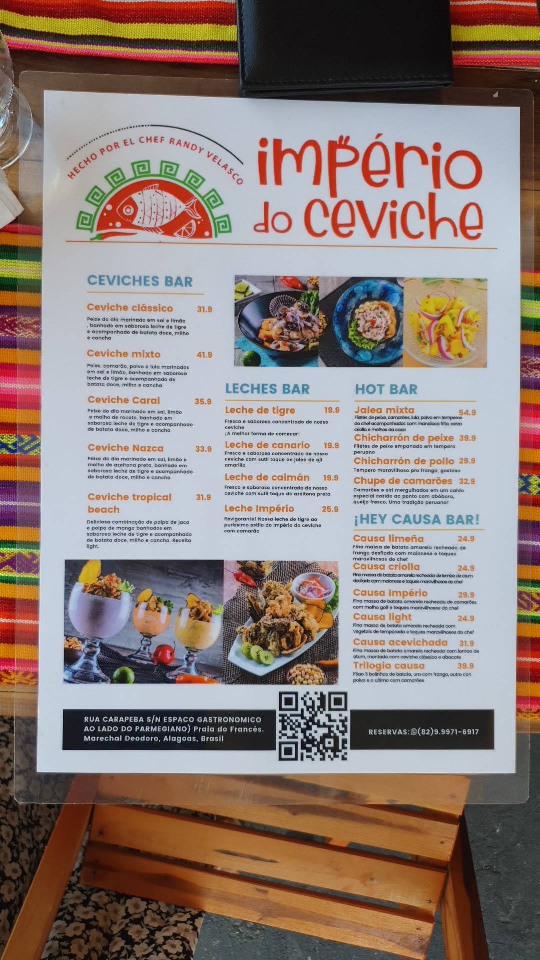Menu at Império do Ceviche restaurant, Marechal Deodoro