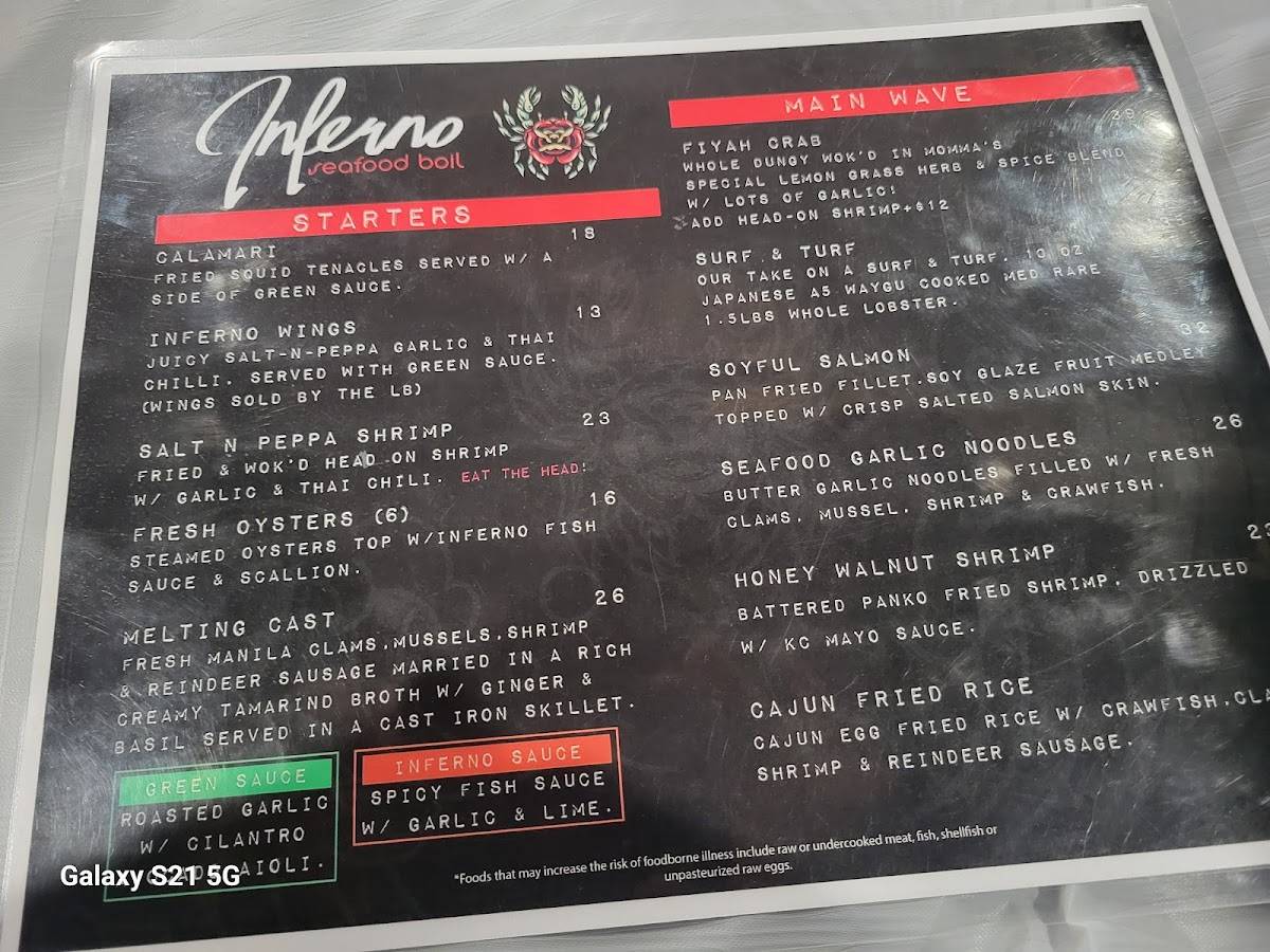 Menu at Inferno Seafood Boil restaurant, Anchorage