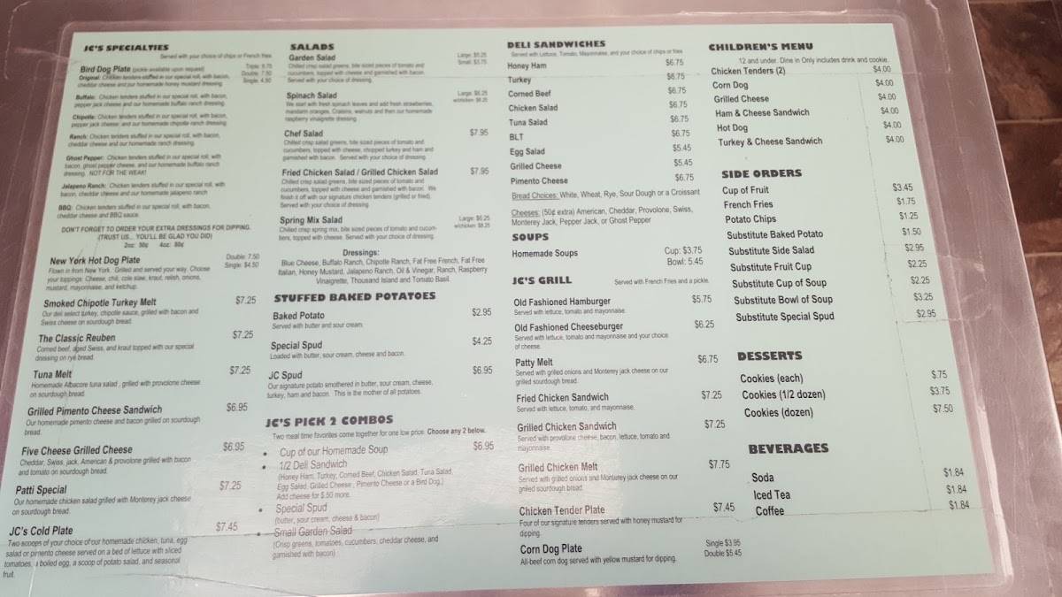 Menu at J C's Sandwich Shoppe restaurant, Anderson