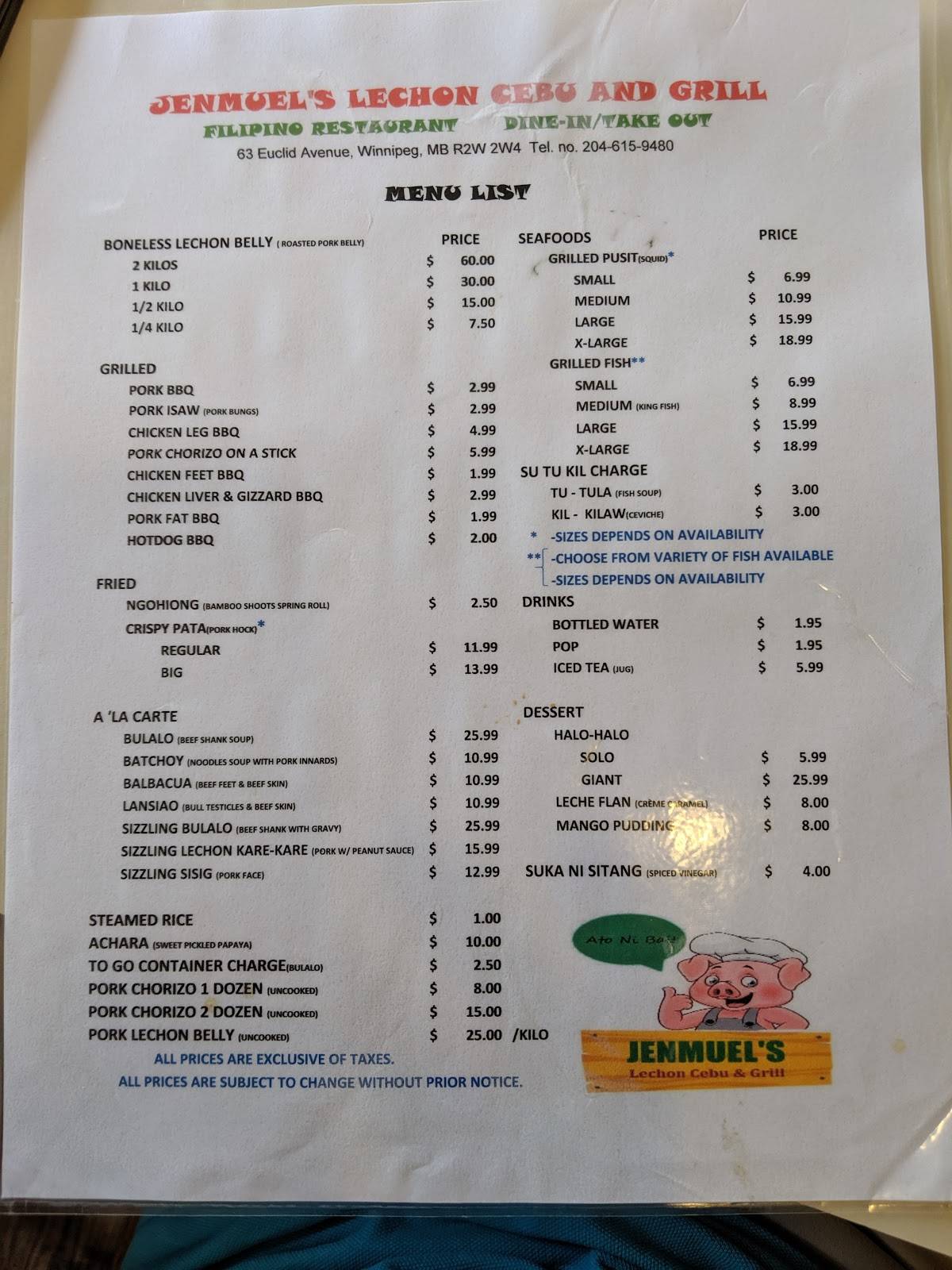 Menu at Jenmuel's Lechon Cebu and Grill restaurant, Winnipeg