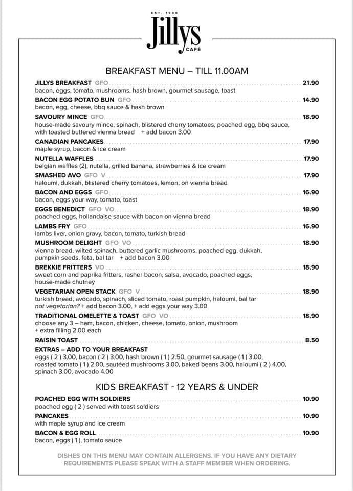 Menu at Jillys Cafe, East Toowoomba