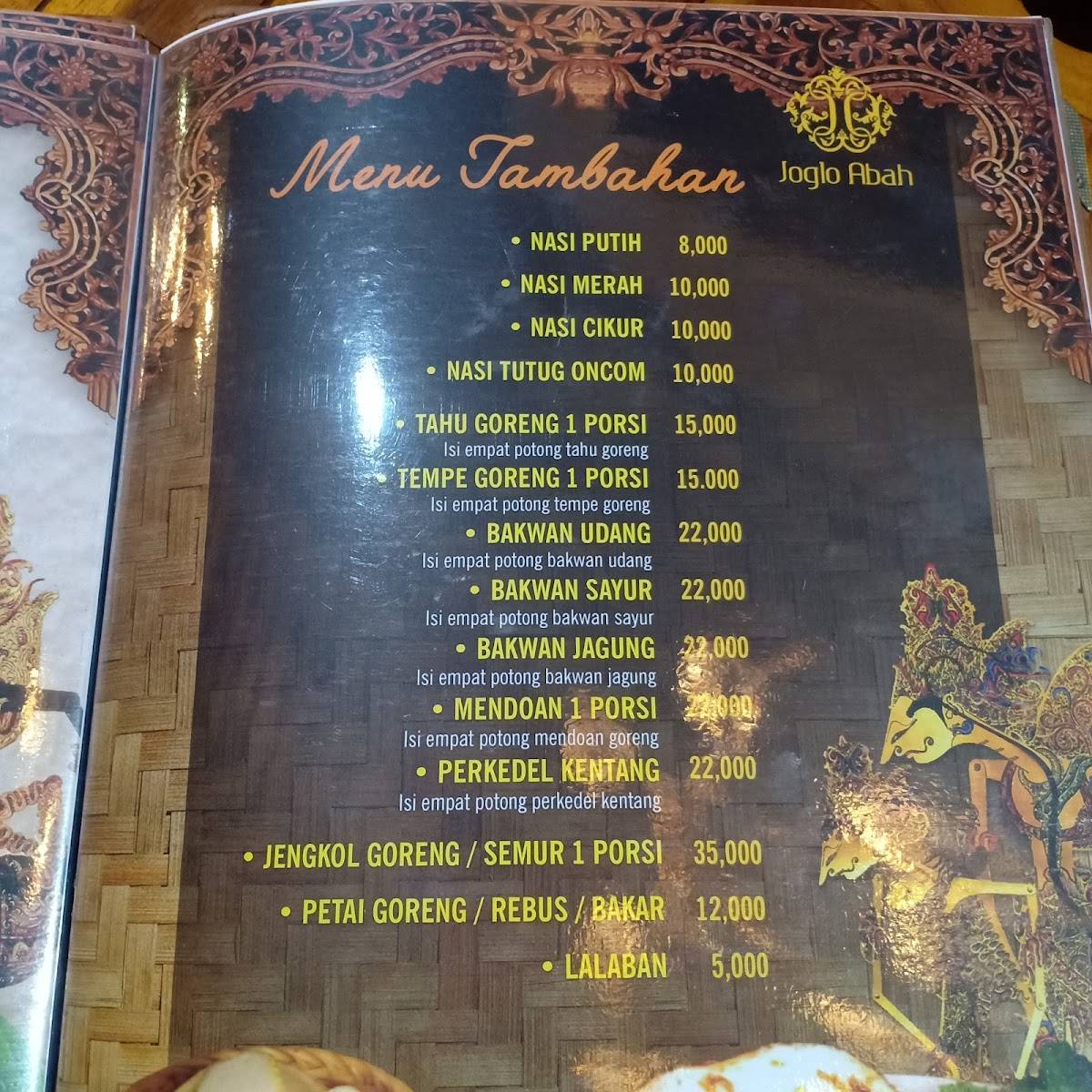 Carta del restaurante Joglo Abah Resto, Kedai Kopi dan Pusat Oleh-oleh ...
