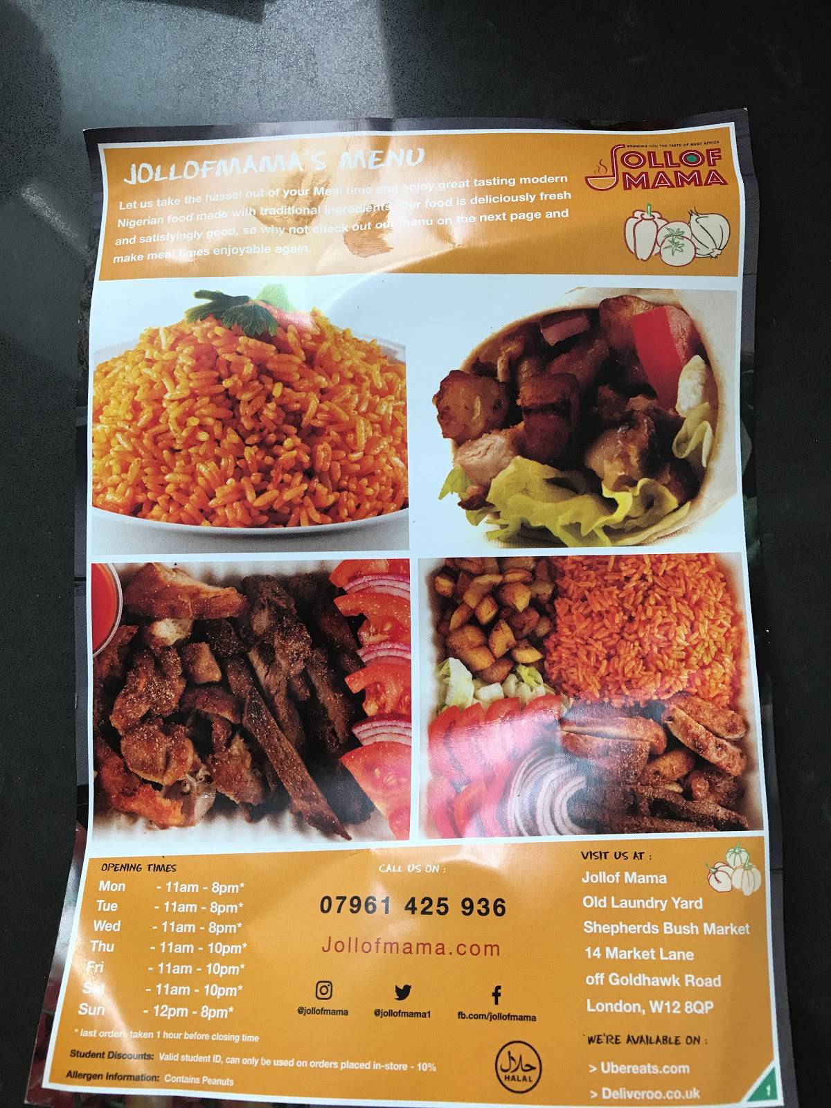 Menu at Jollof Mama restaurant, London