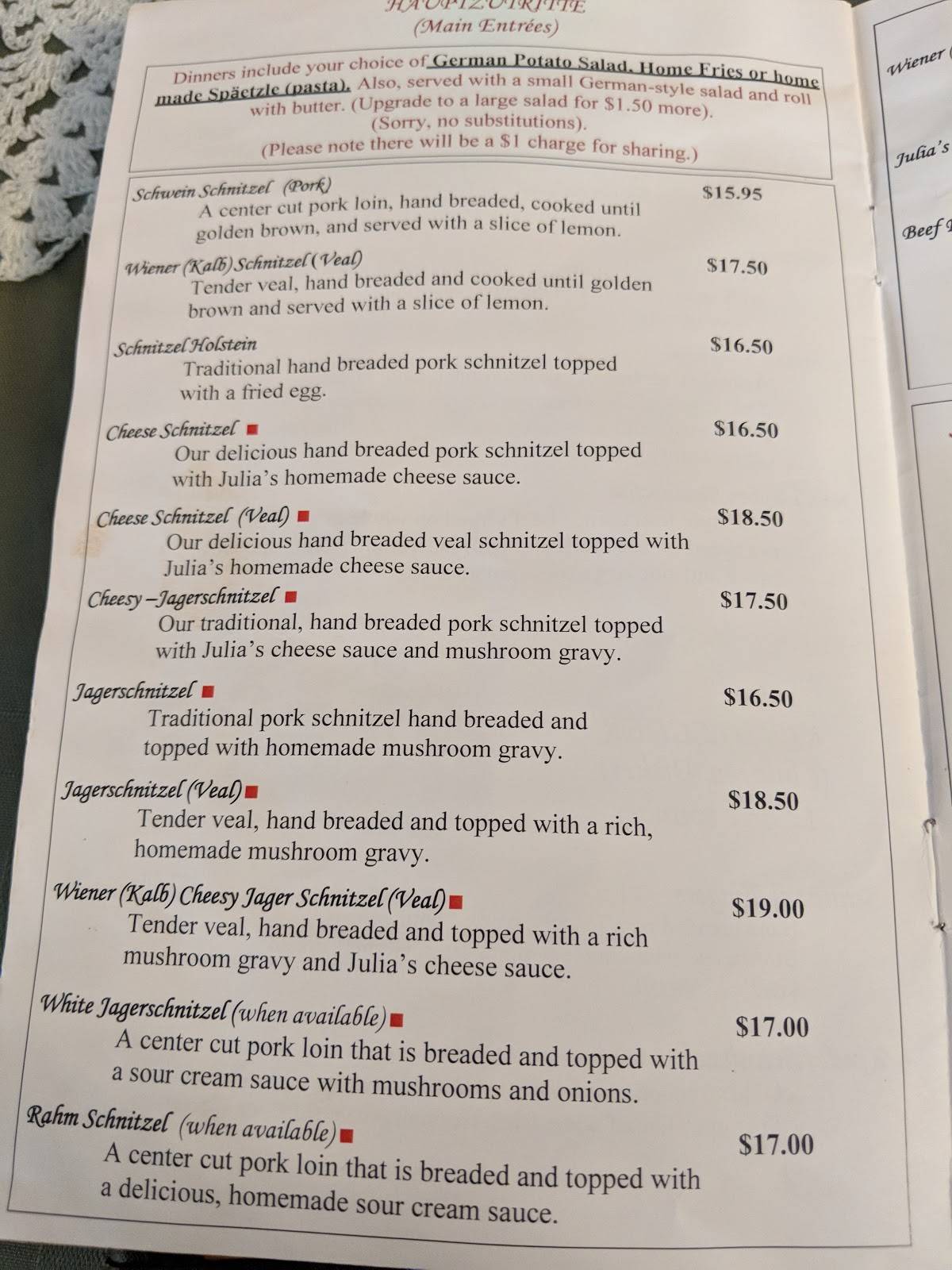 Menu at Julia's German Stammtisch restaurant, Columbia, 120 ...