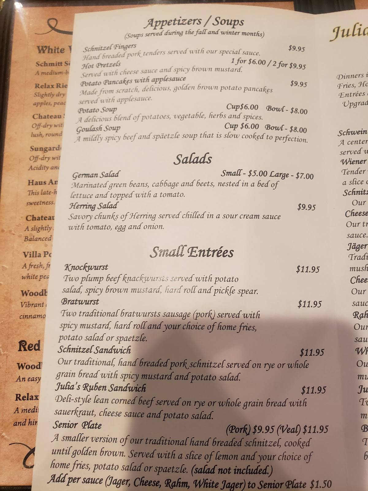 Menu at Julia's German Stammtisch restaurant, Columbia, 120 ...