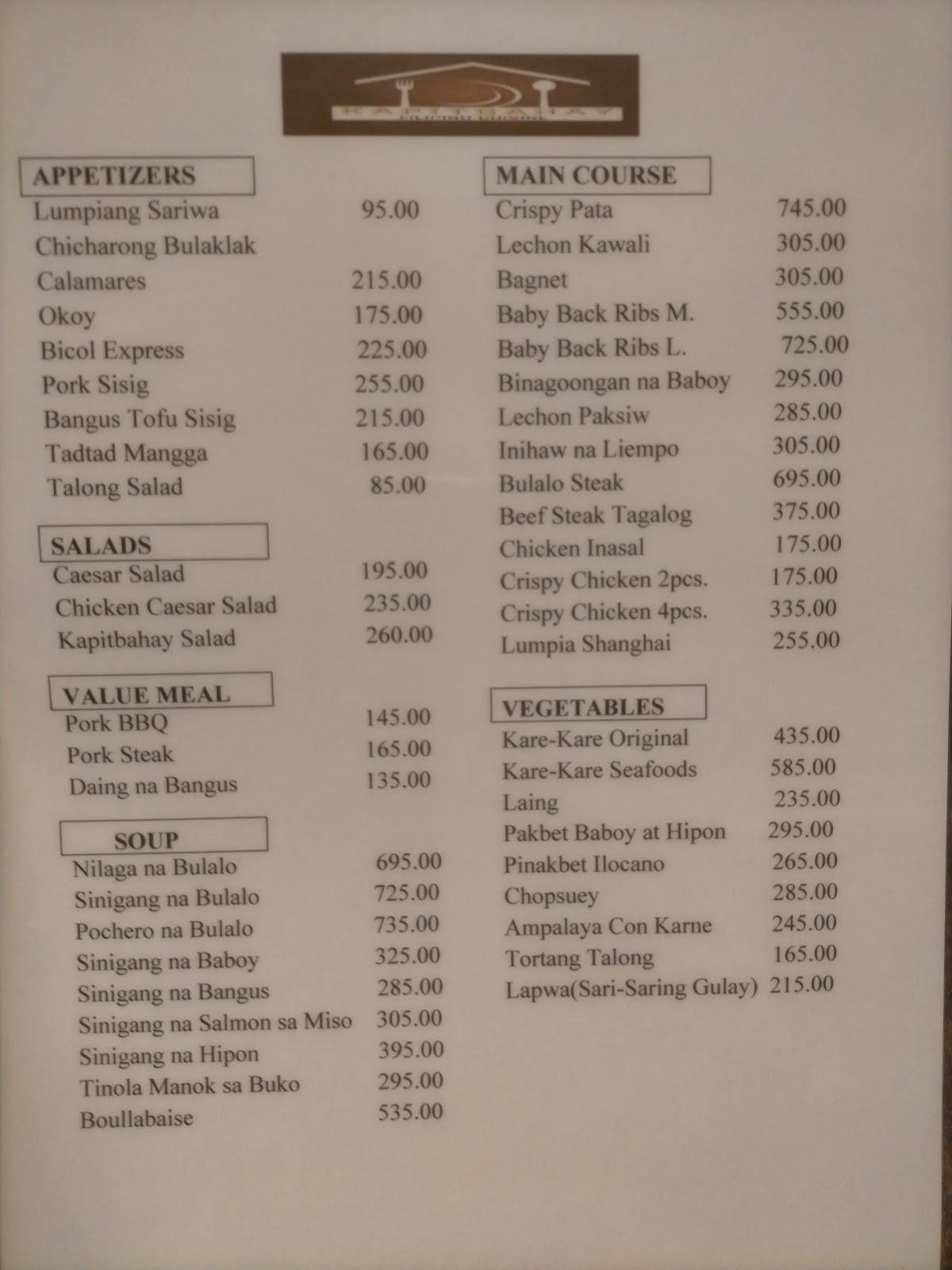 Menu at Kapitbahay Filipino Cuisine restaurant, Antipolo, Palm Square