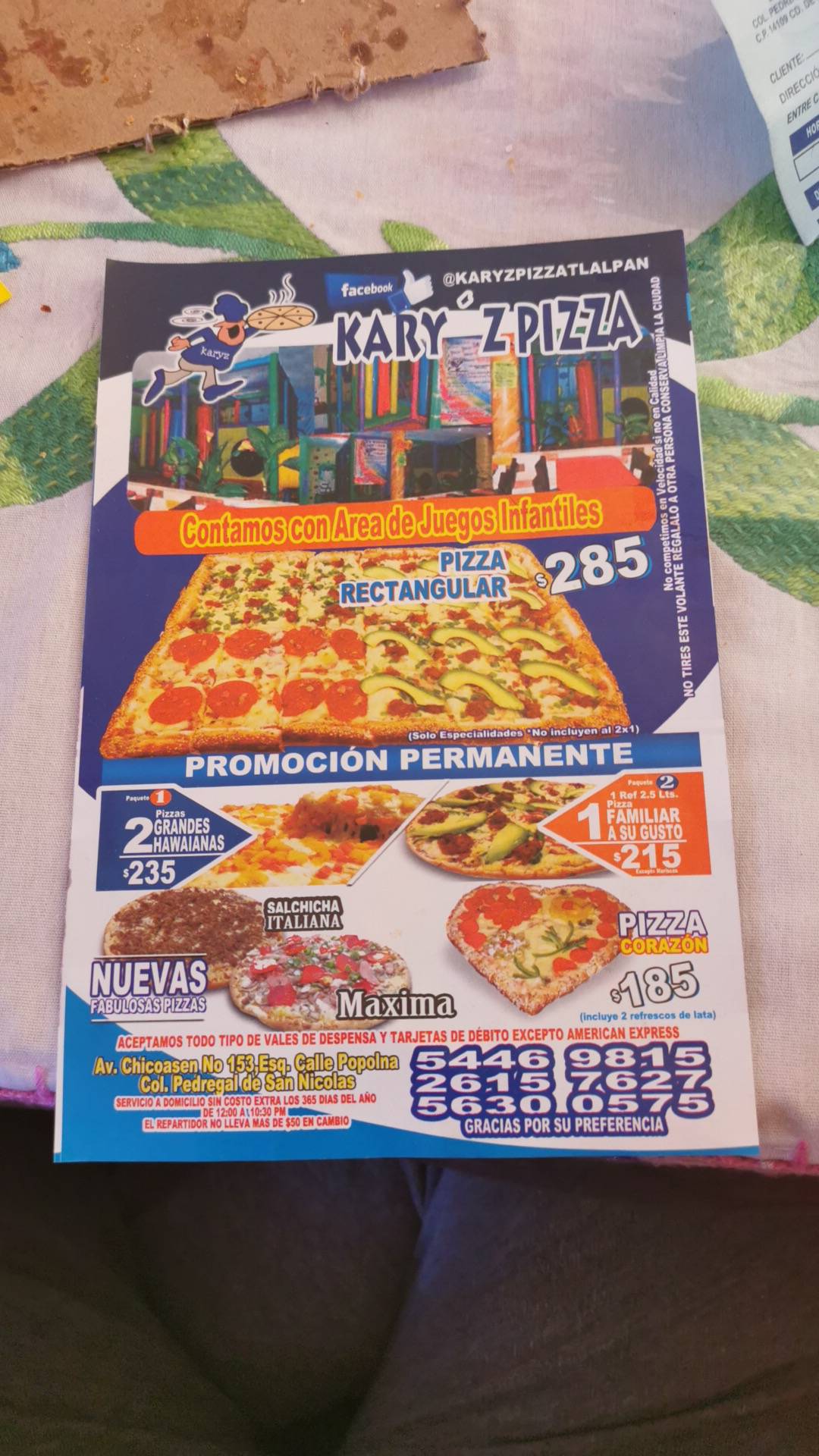 Carta del restaurante KARY'Z PIZZA, Ciudad del México, Chicoasén 153