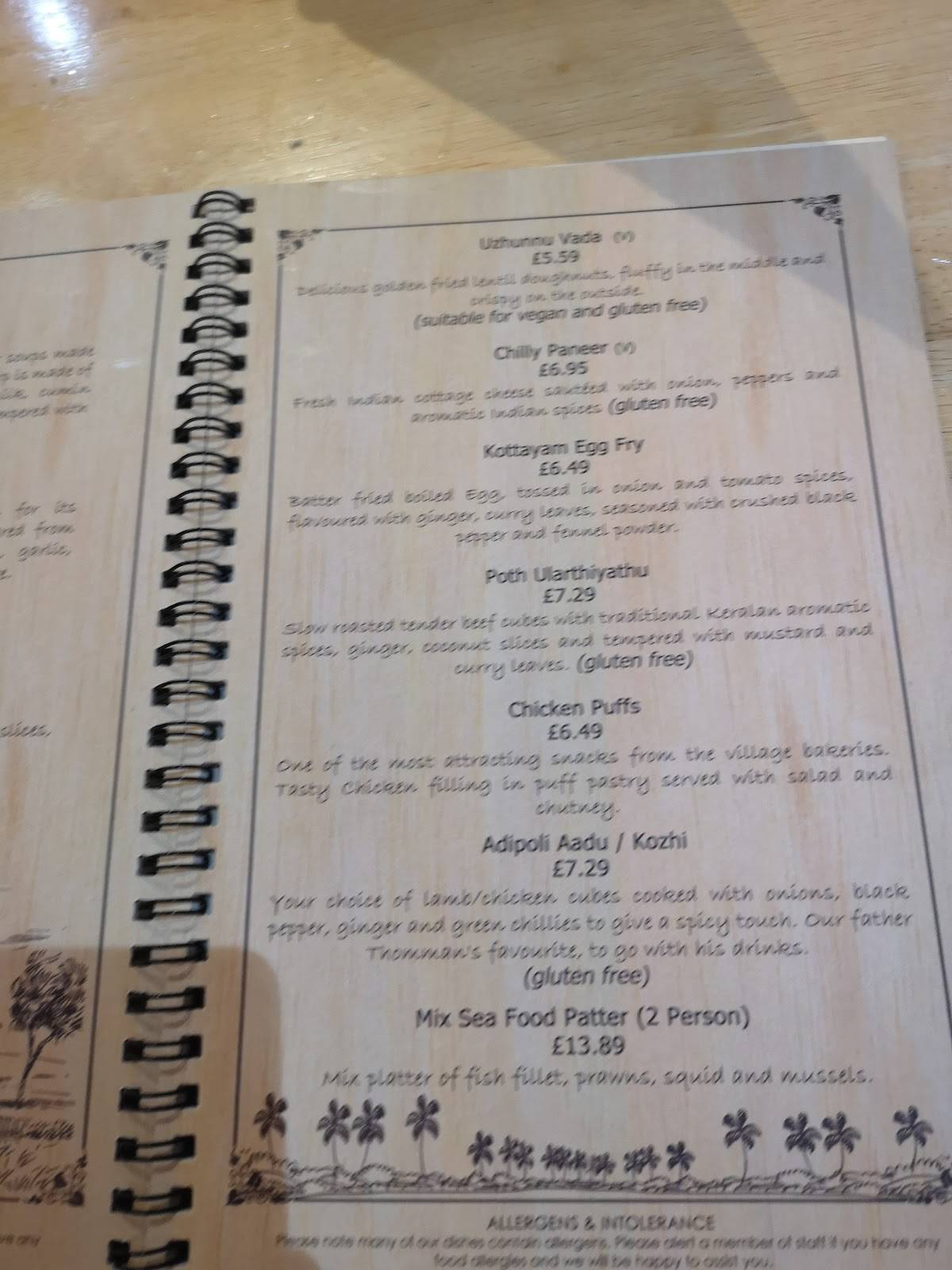 Menu at Kayal restaurant, Leicester