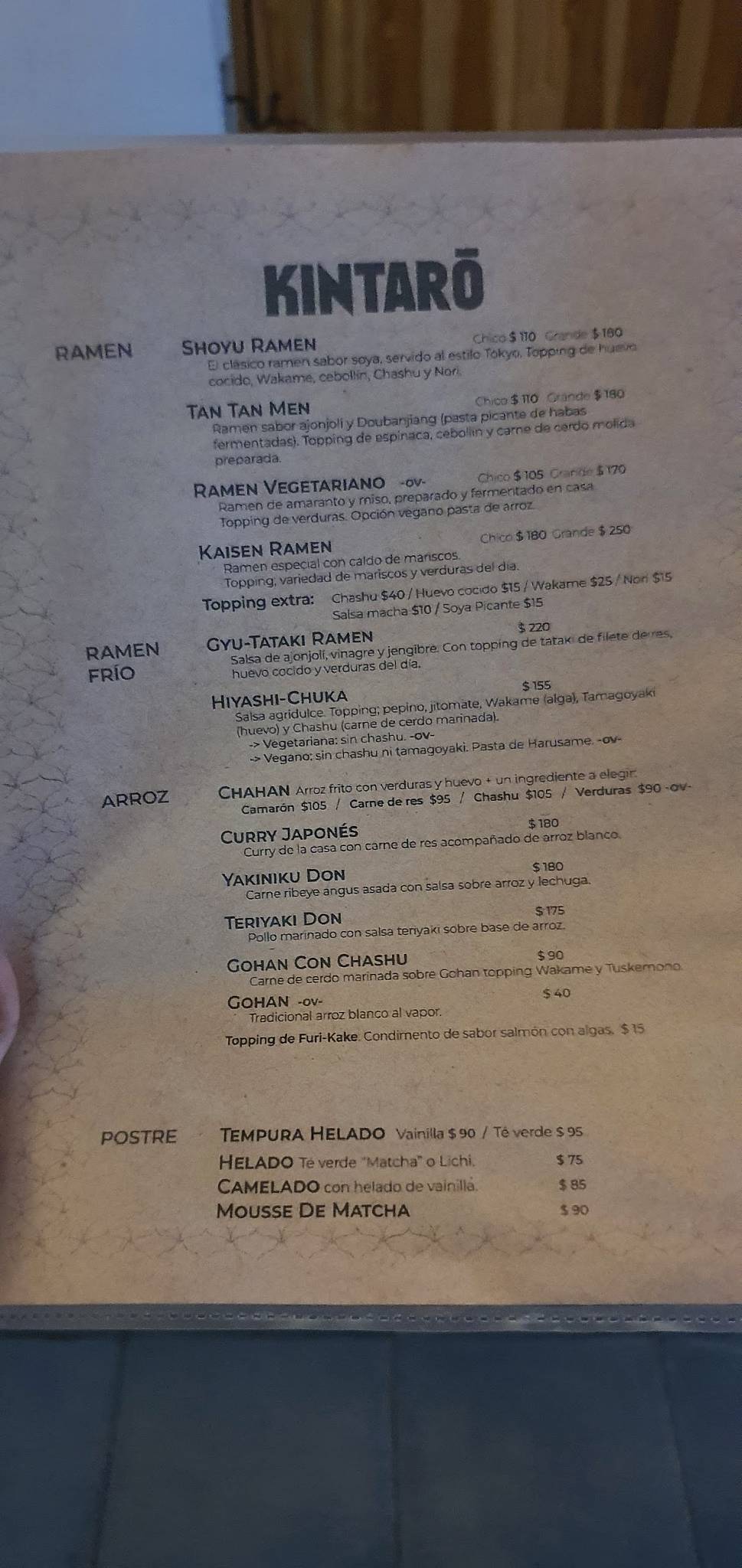 Carta de Kintaro Restaurante Japonés, Oaxaca